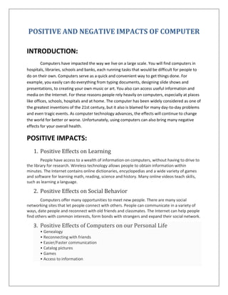 Positive and Negative Impacts of Computer | DOCX