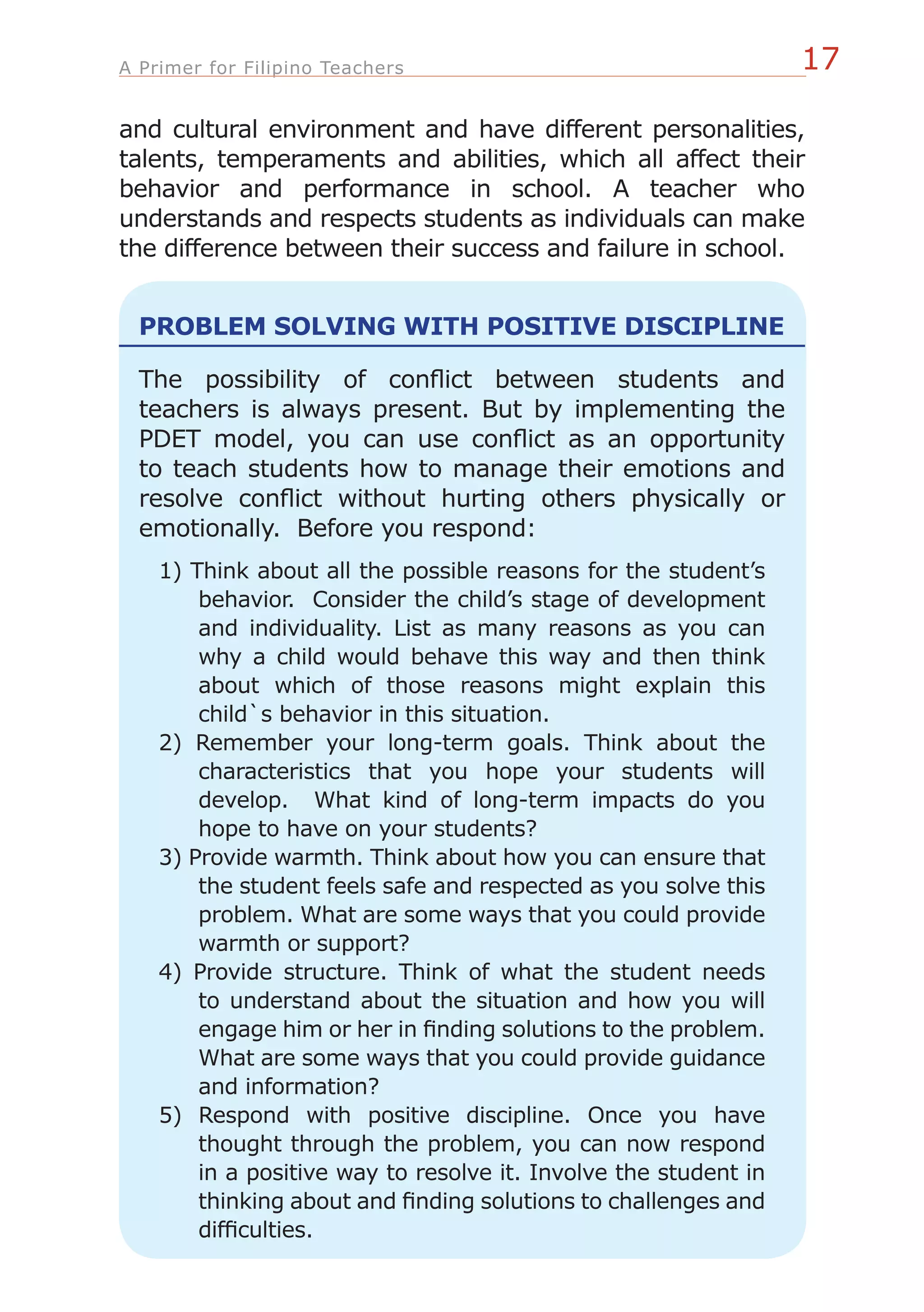 Positive discipline in everyday teaching a primer for filipino teachers ...