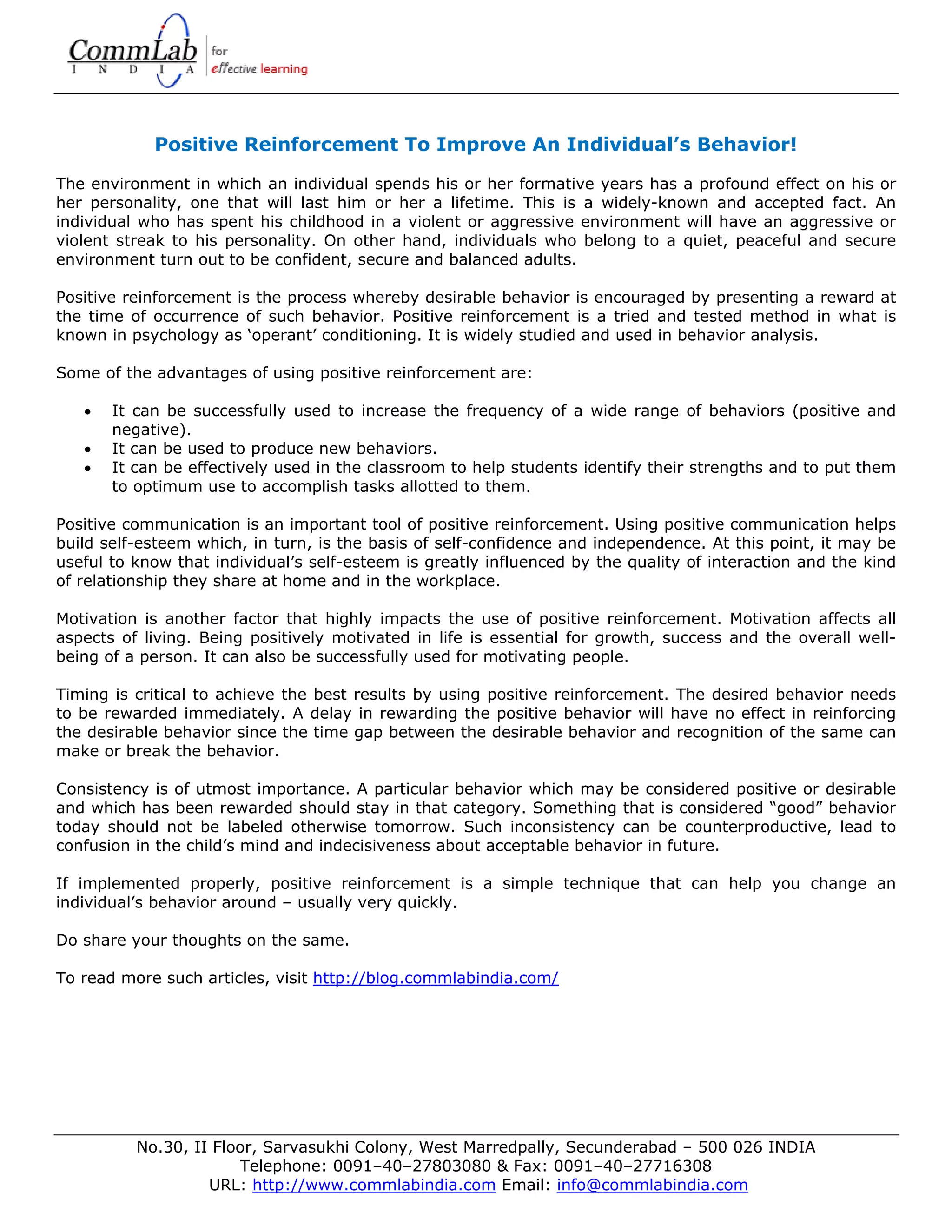 Does positive reinforcement help in changing an individual’s behavior? | PDF