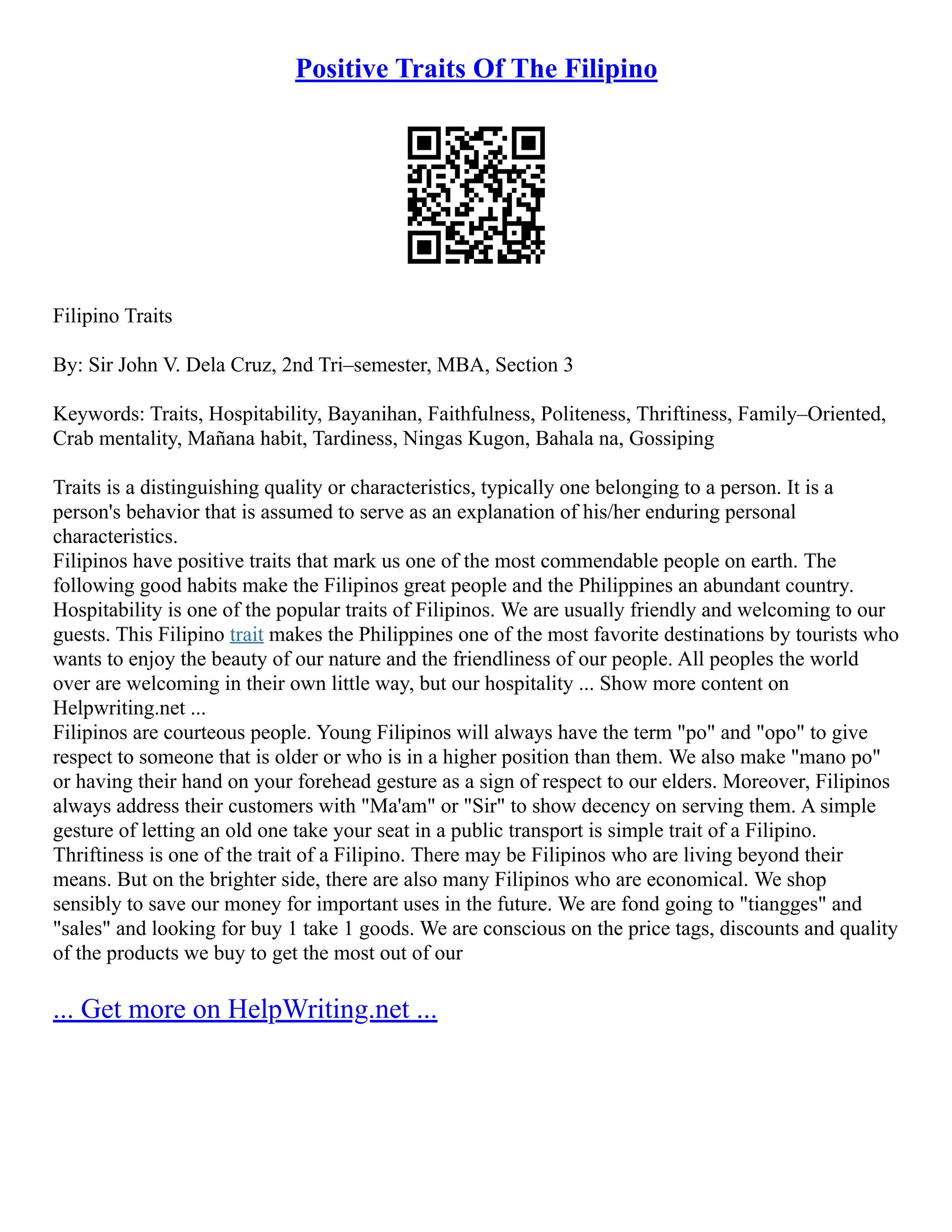 Positive Traits Of The Filipino | PDF