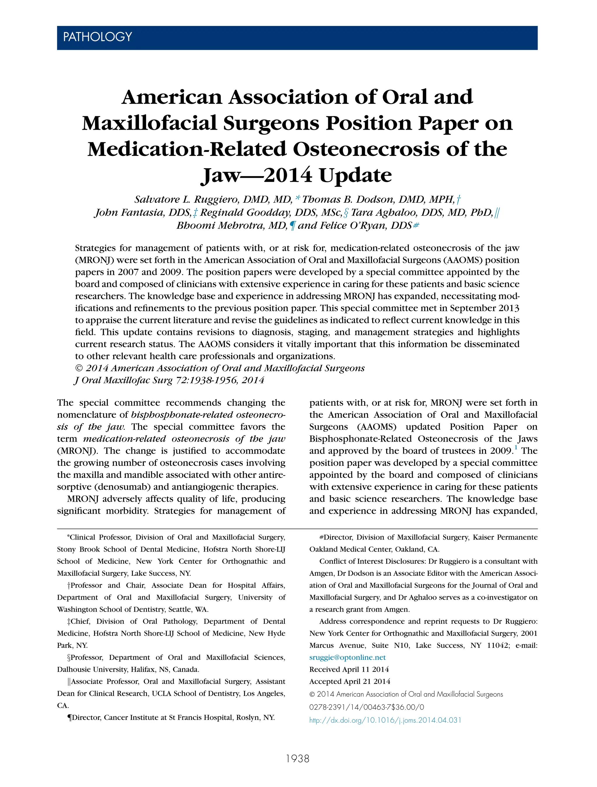 position paper 2014 medication related osteoradionecrosis of jaw | PDF