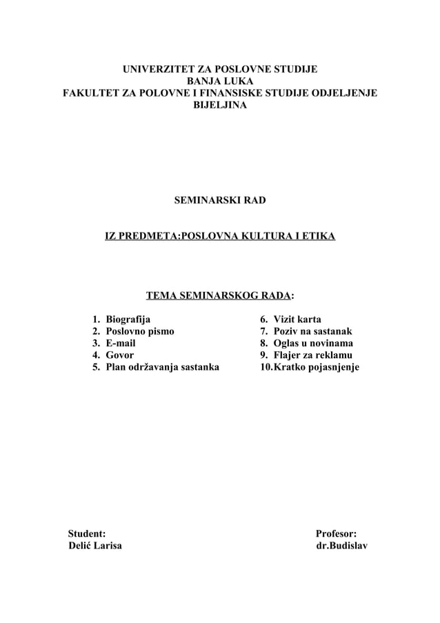 Poslovna kultura i etika biografija poslovno pismo e-mail govor...- | DOC