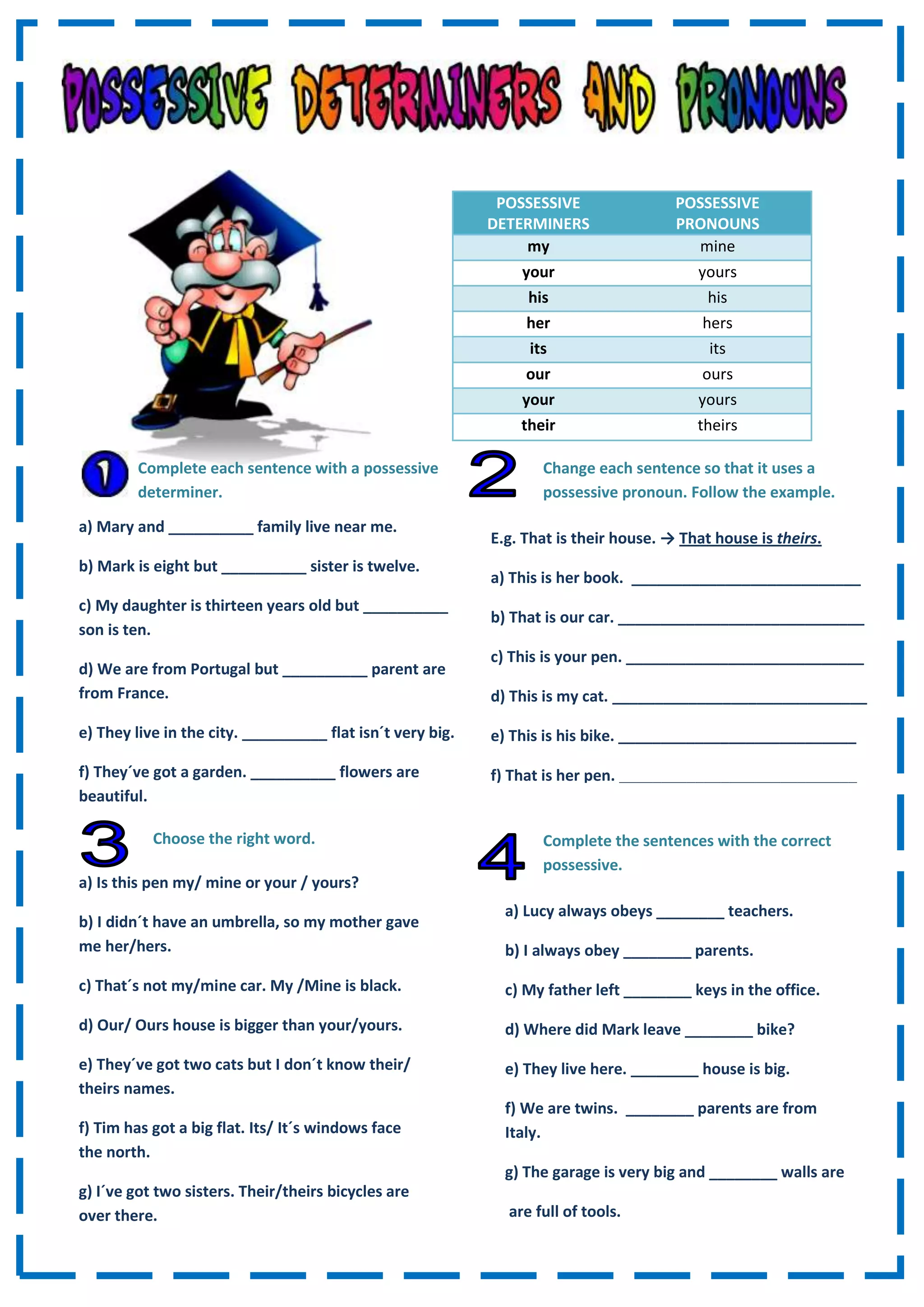 Possessive pronouns worksheet 8vo basico | DOCX