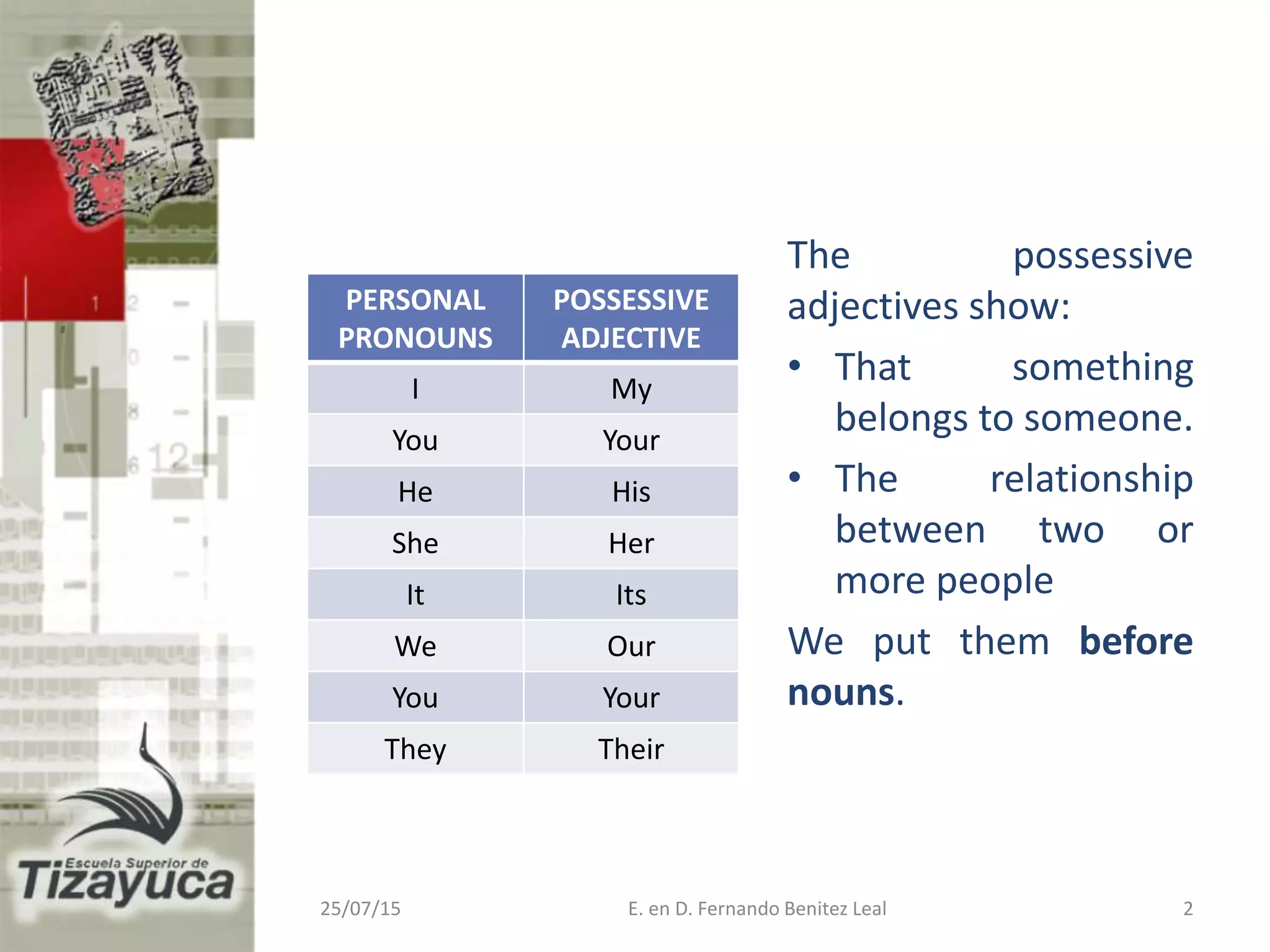 Possessive Adjective | PPTX | Dating | Family and Relationships