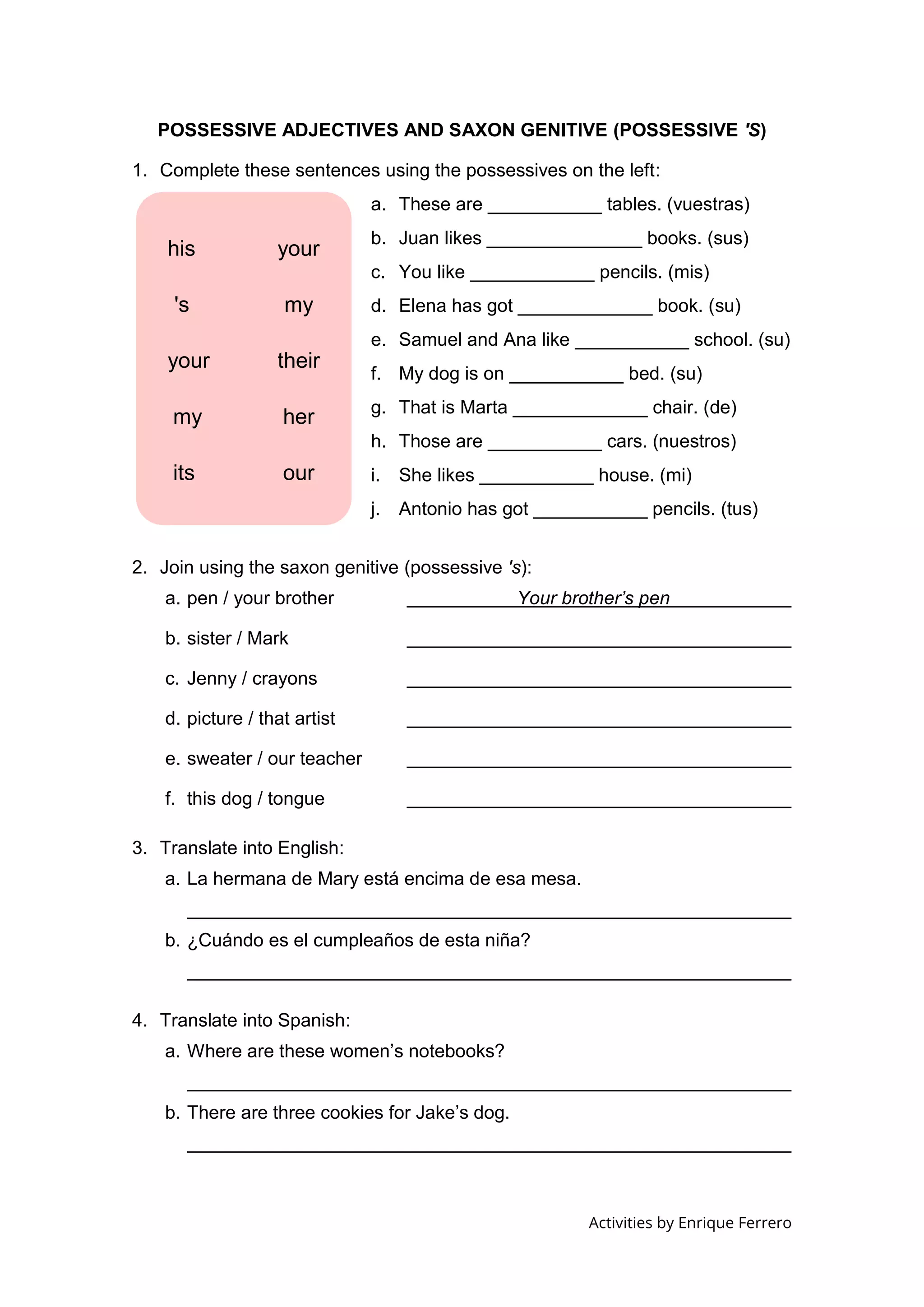 Possessive adjectives and saxon genitive - Activities | PDF