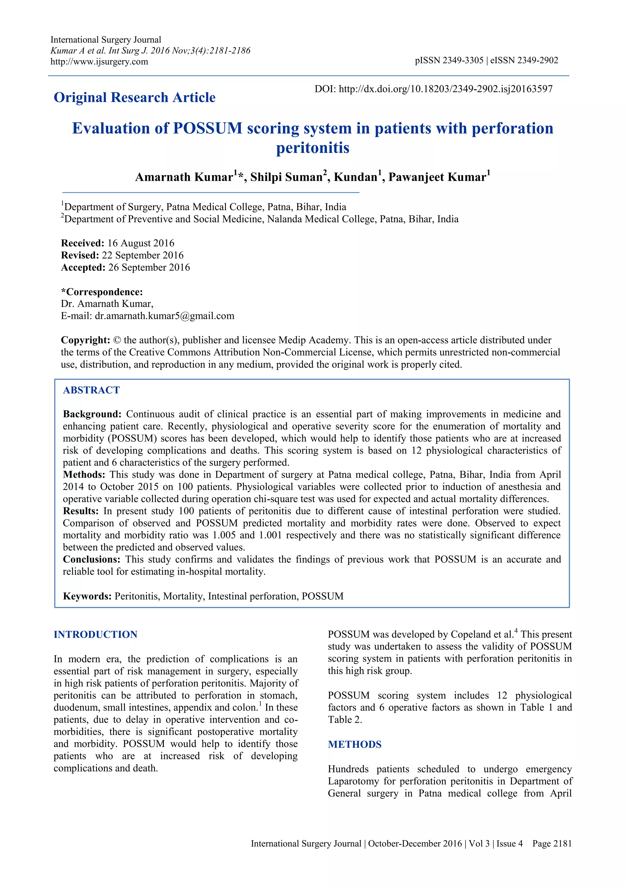 Evaluation of POSSUM scoring system in patients with perforation ...