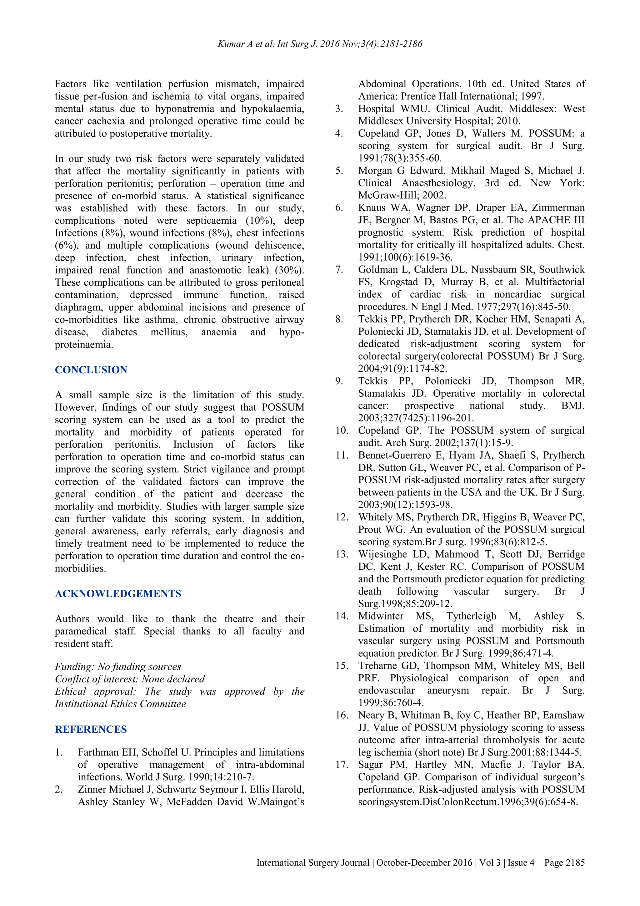 Evaluation of POSSUM scoring system in patients with perforation ...