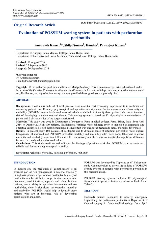 Evaluation Of Possum Scoring System In Patients With Perforation Peritonitis Amarnath Kumar1