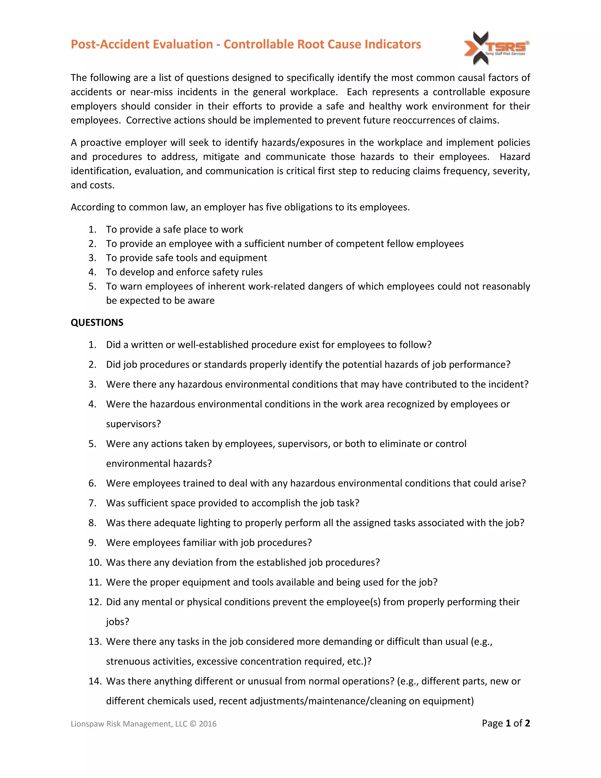 Post Accident Investigation - Controllable Root Cause Indicators | PDF