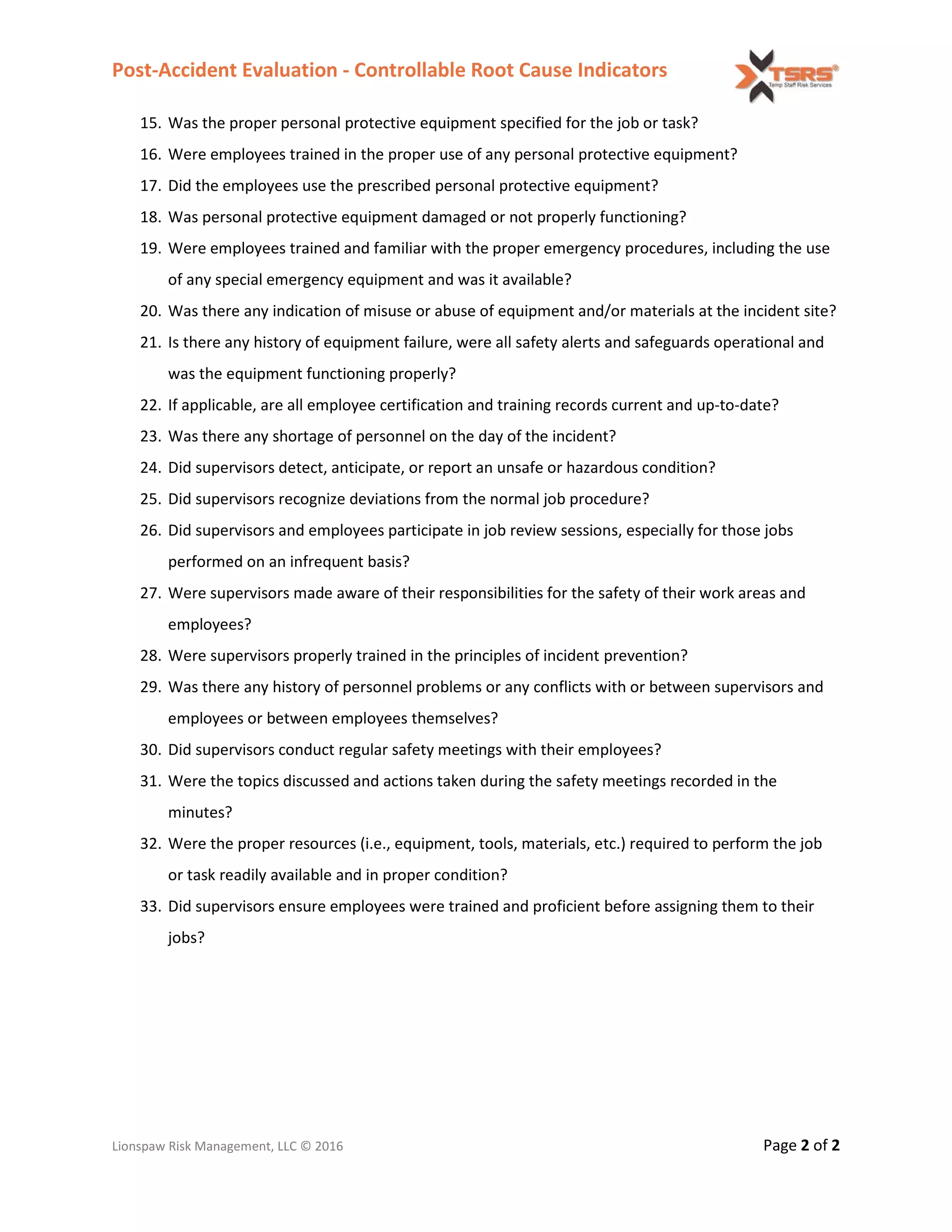 Post Accident Investigation - Controllable Root Cause Indicators | PDF