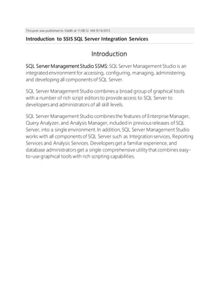 Post 1 introduction to ssis sql server integration services | PDF