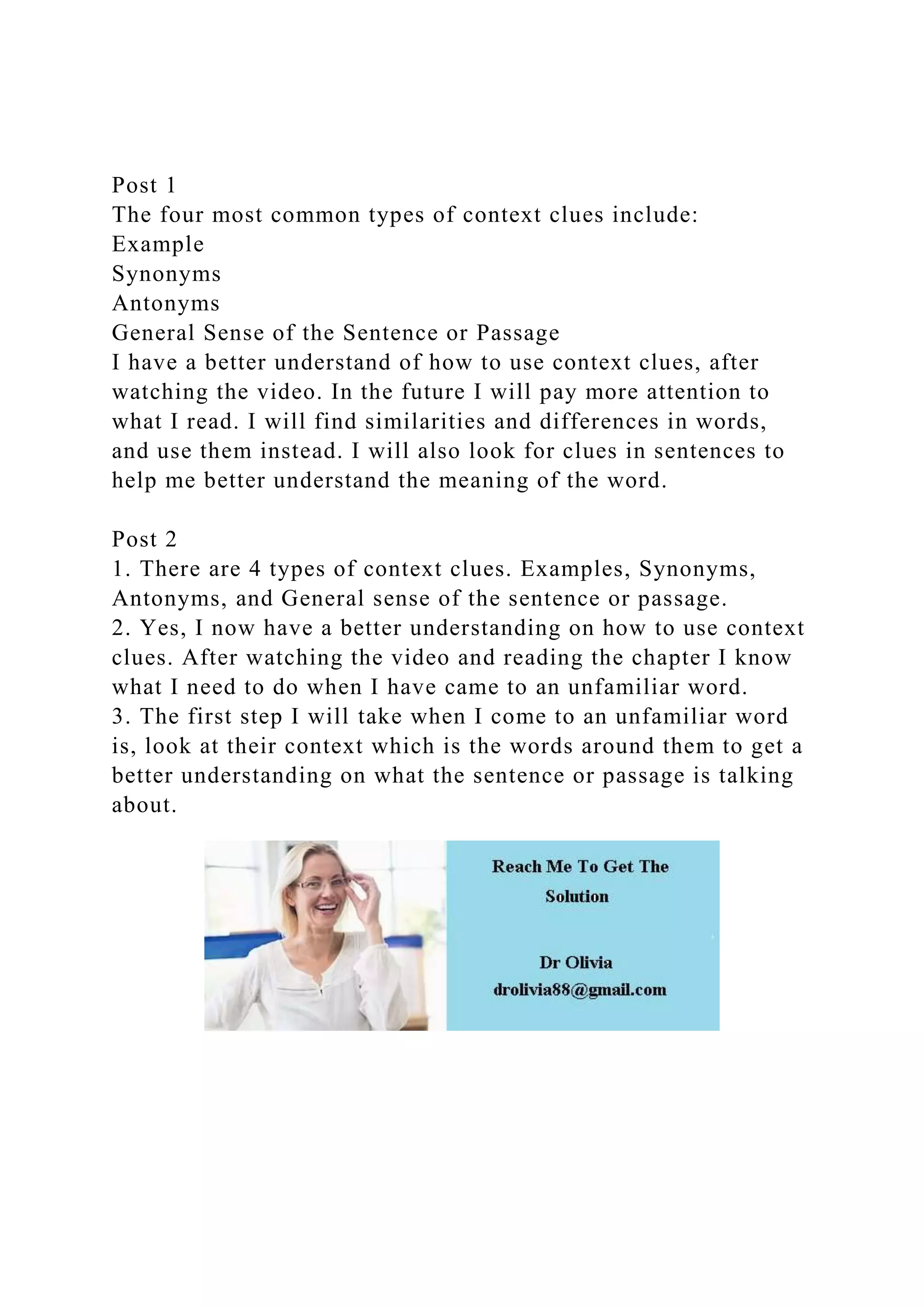 Post 1The four most common types of context clues includeExam.docx