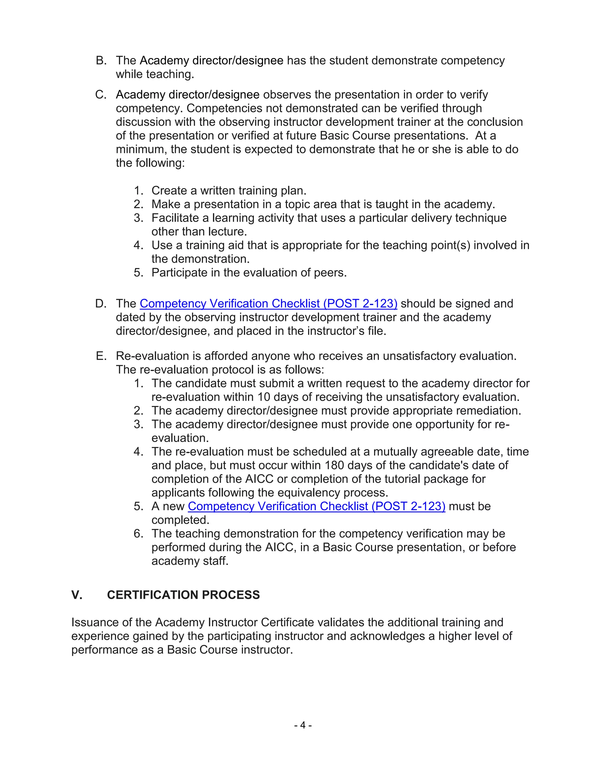 POST ACADEMY INSTRUCTOR CERTIFICATION REQUIREMENTS | PDF