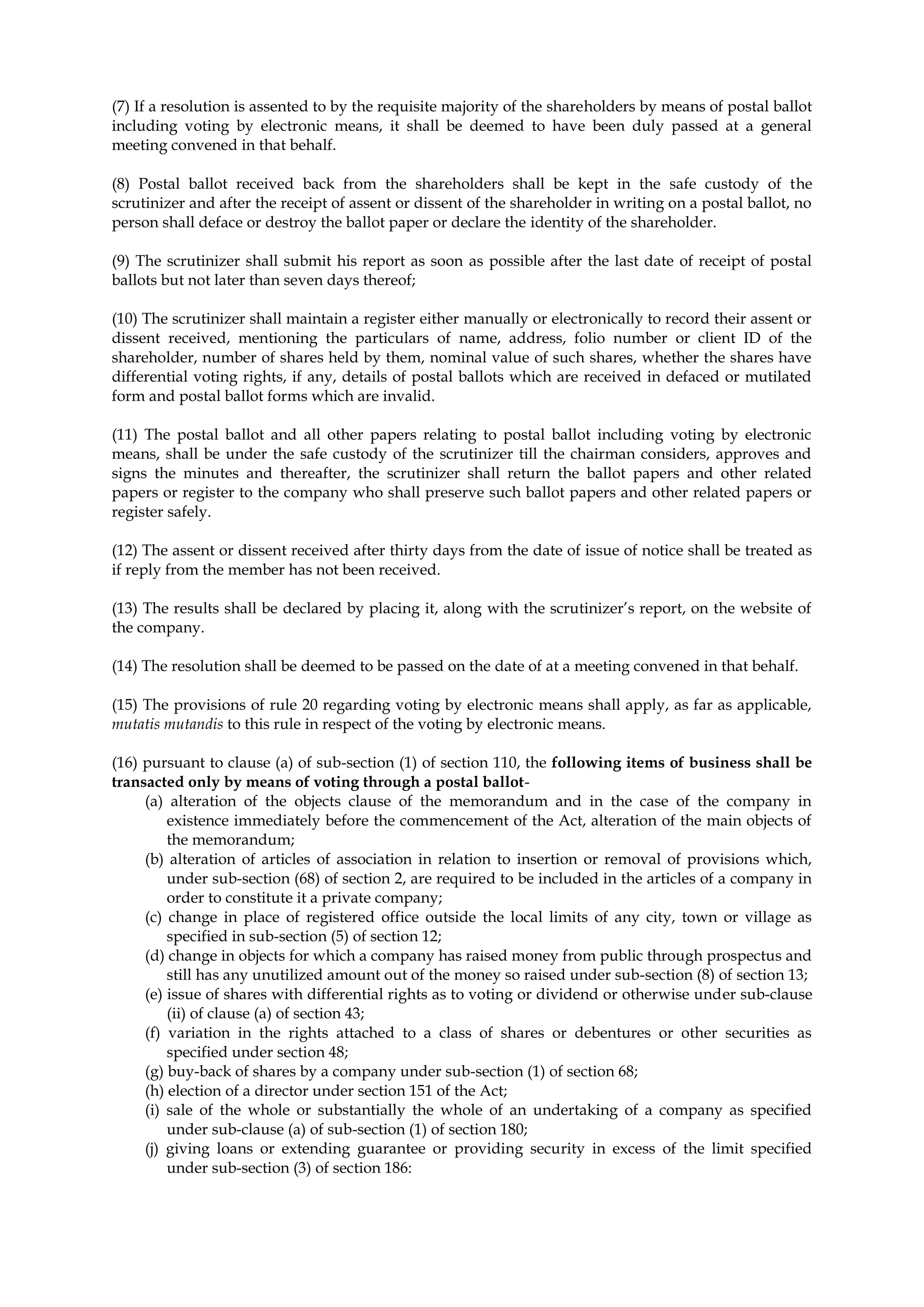 Postal ballot provisions & procedure under S.110 of the Companies Act ...