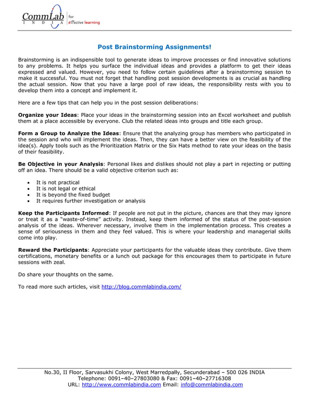 Post brainstorming assignments! | PDF | Business and Finance