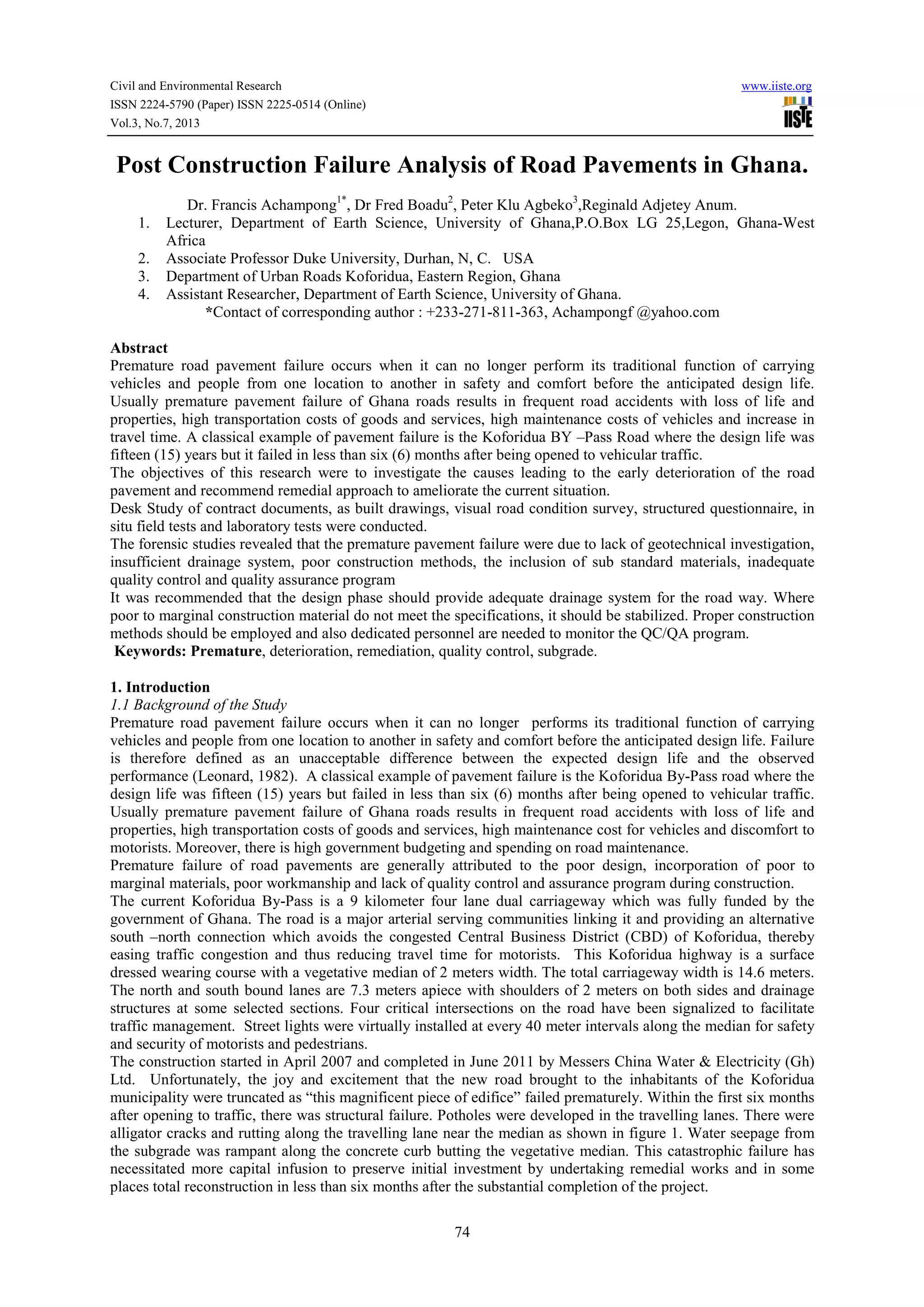 Post construction failure analysis of road pavements in ghana. | PDF