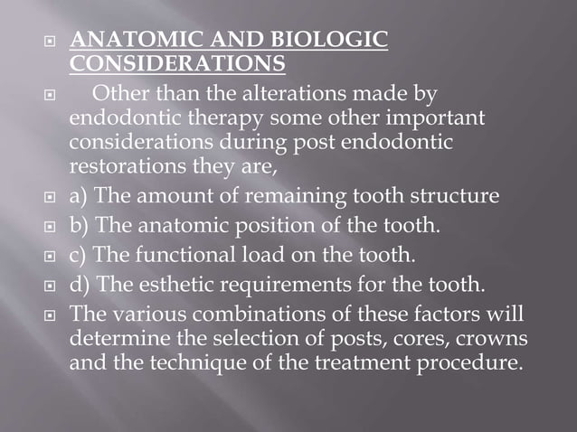 POST ENDODONTIC RESTORATION POST AND CORE.pptx | Dental Health | Diseases and Conditions