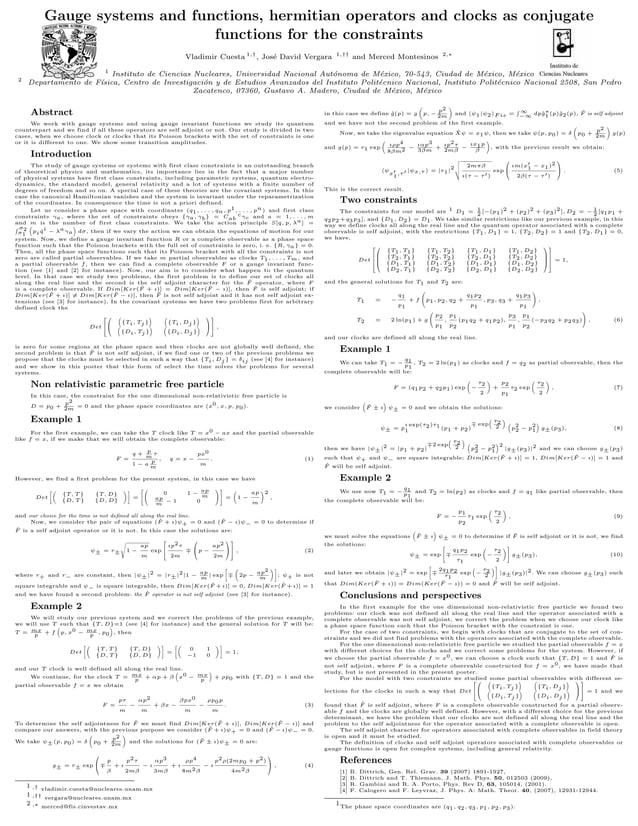 Poster Gauge systems and functions, hermitian operators and clocks as conjugate functions for ...