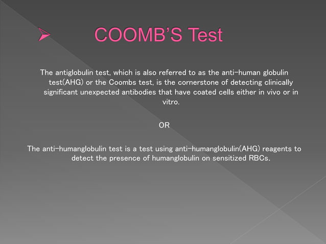 coombs test | PPTX | Blood Disorders | Diseases and Conditions
