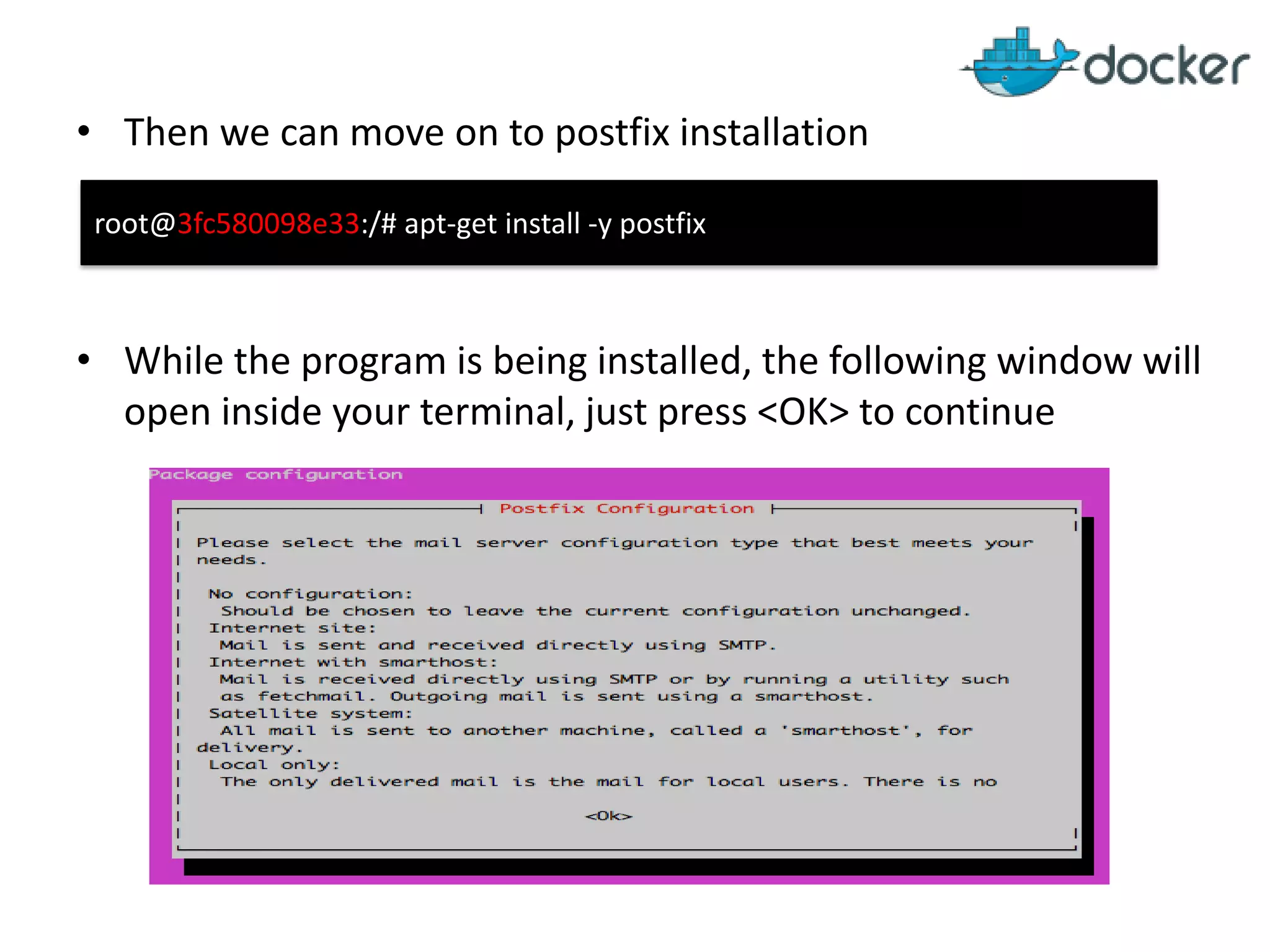 Installing and running Postfix within a docker container from the command line | PPTX