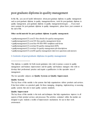 Post graduate diploma in quality management | PDF