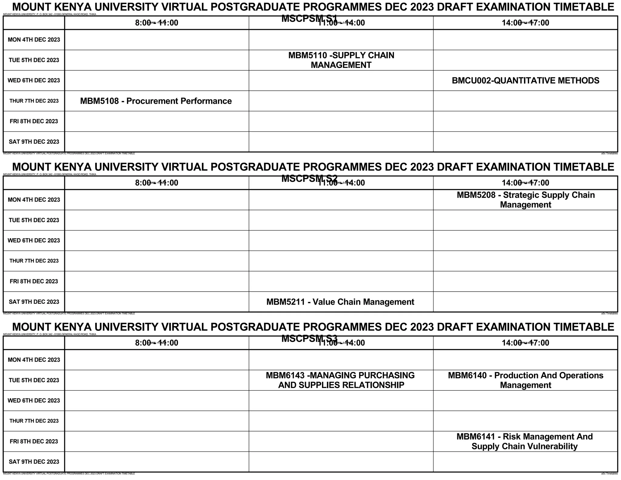 POSTGRADUATE VIRTUAL DRAFT EXAM TIMETABLES - DEC 2023.pdf timetable format | PDF | Postgraduate ...
