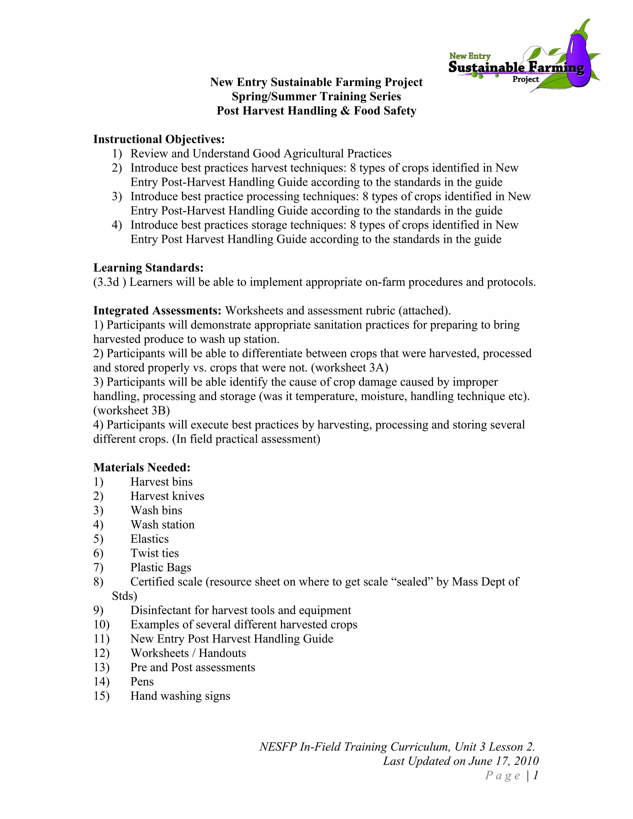 Food Safety Curriculum: Post harvest handling lesson plan | DOC