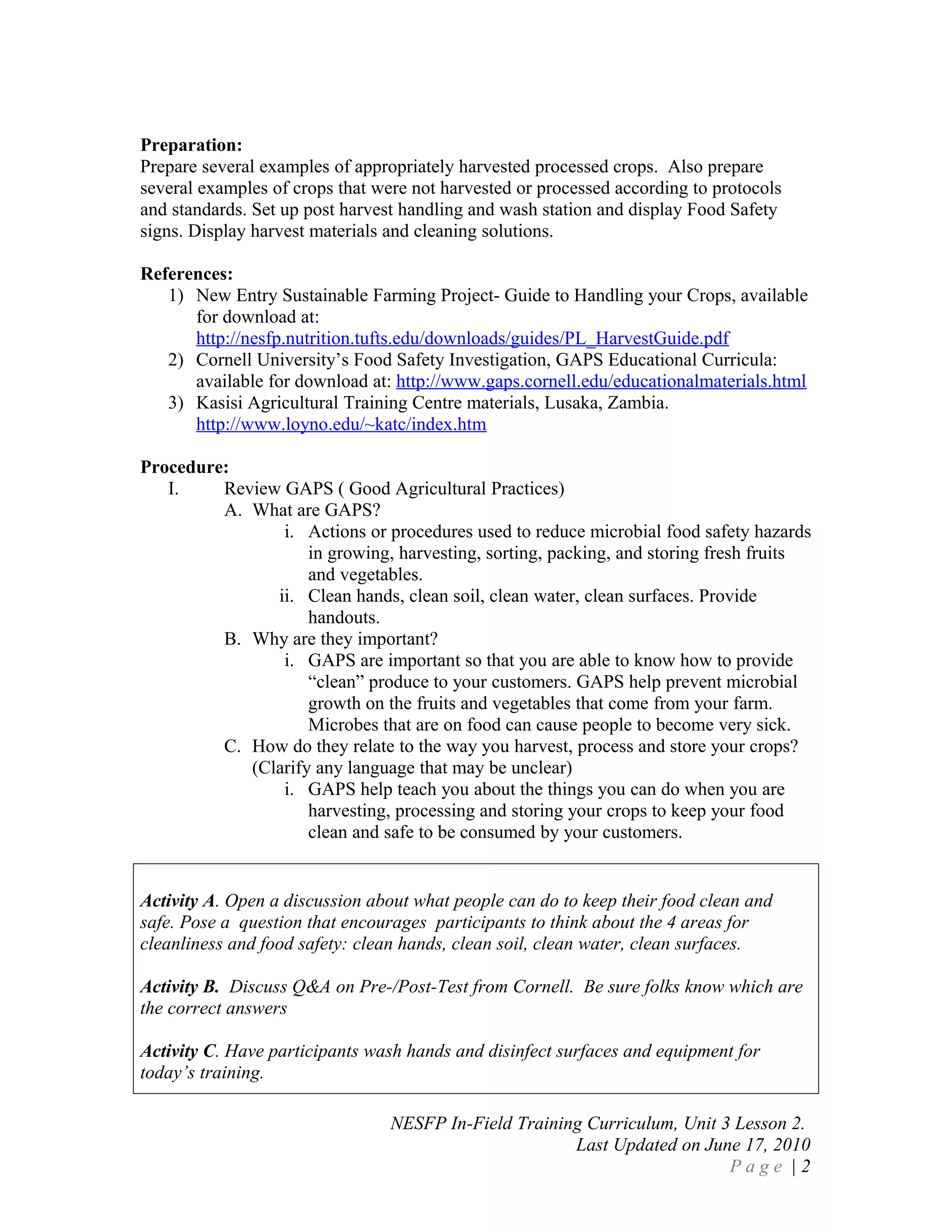 Food Safety Curriculum: Post harvest handling lesson plan | DOC