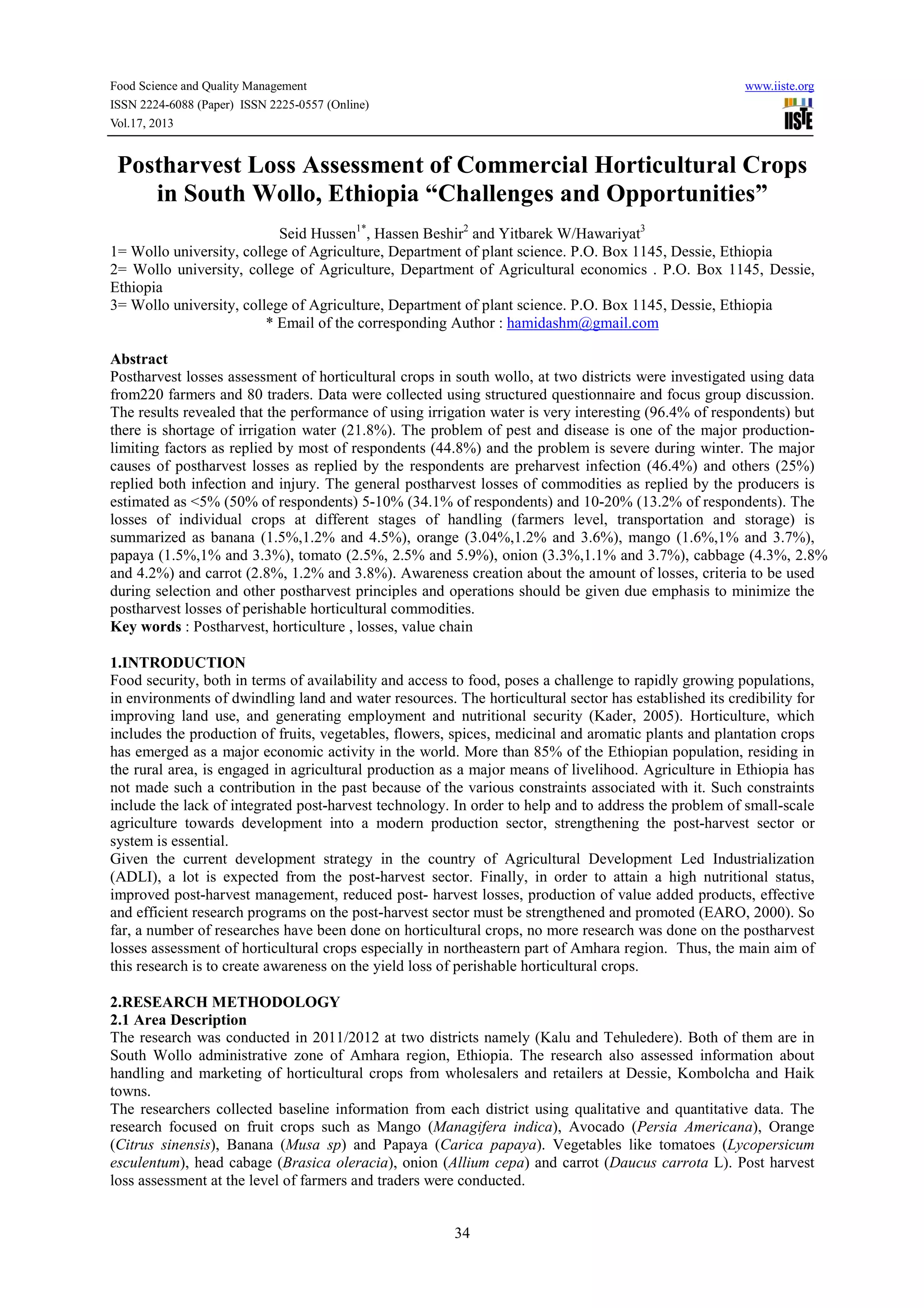 Postharvest loss assessment of commercial horticultural crops in south wollo, ethiopia ...