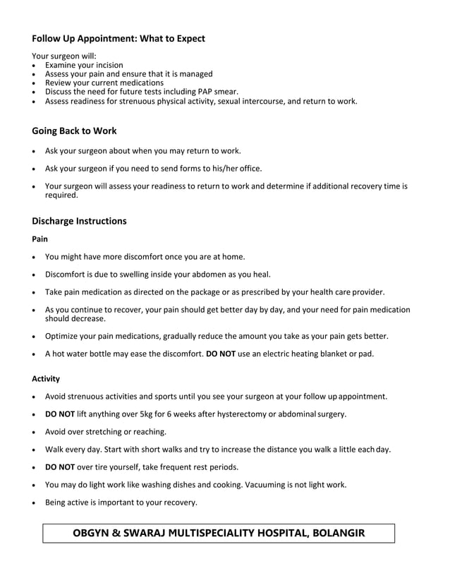Post Hysterectomy Instructions PDF Post Hysterectomy Instructions PDF