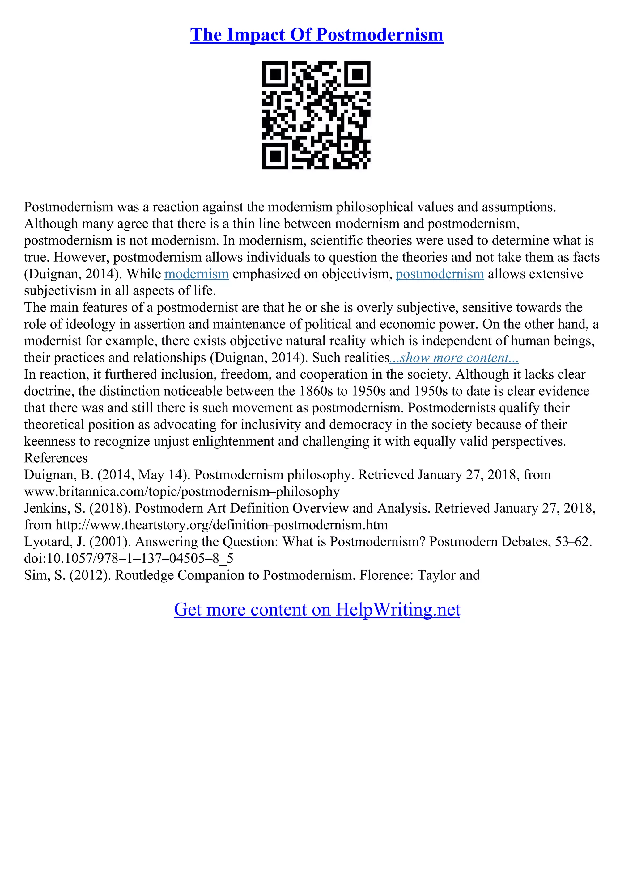 Postmodernism Essay | PDF