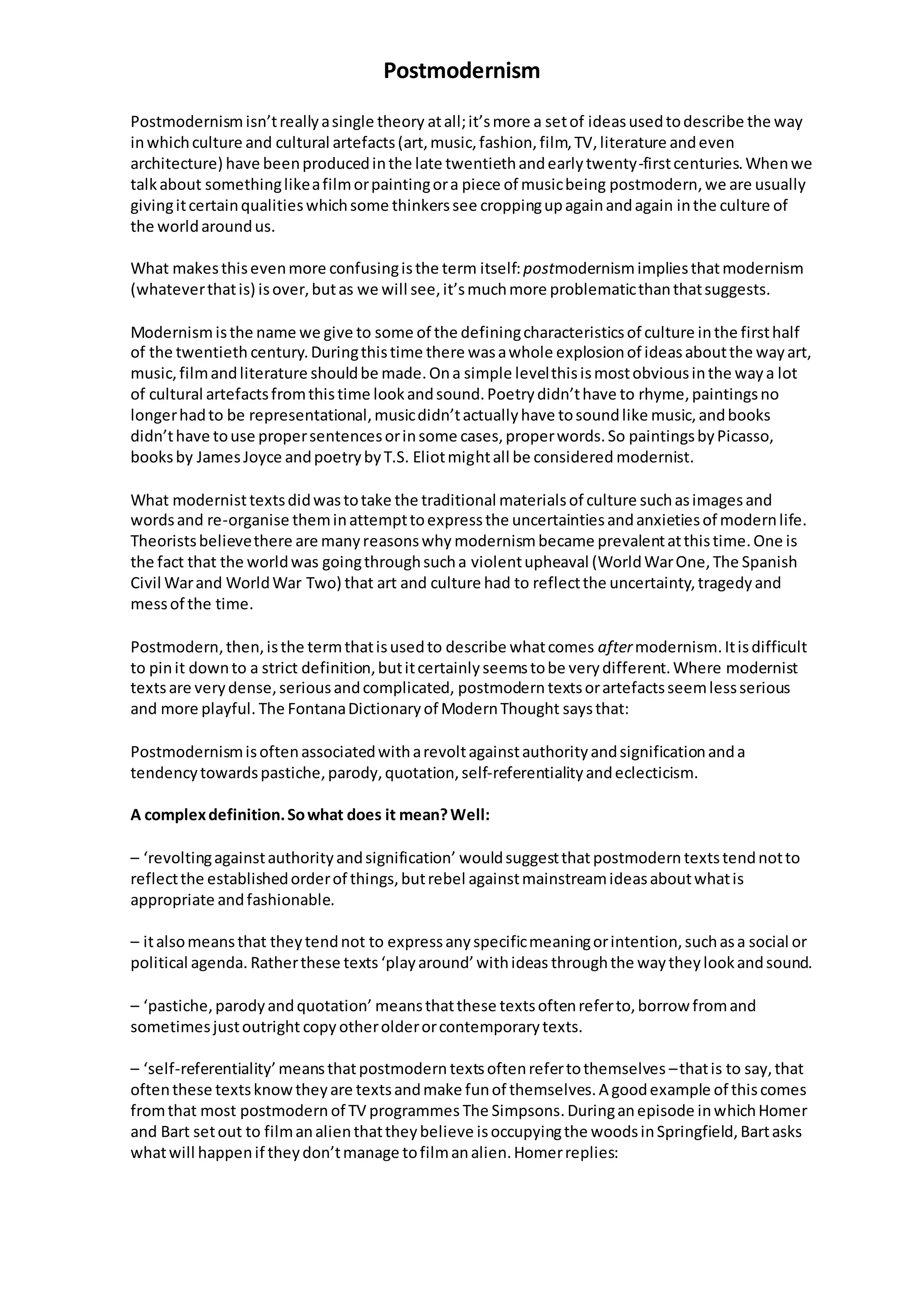 Postmodernism handout | DOCX