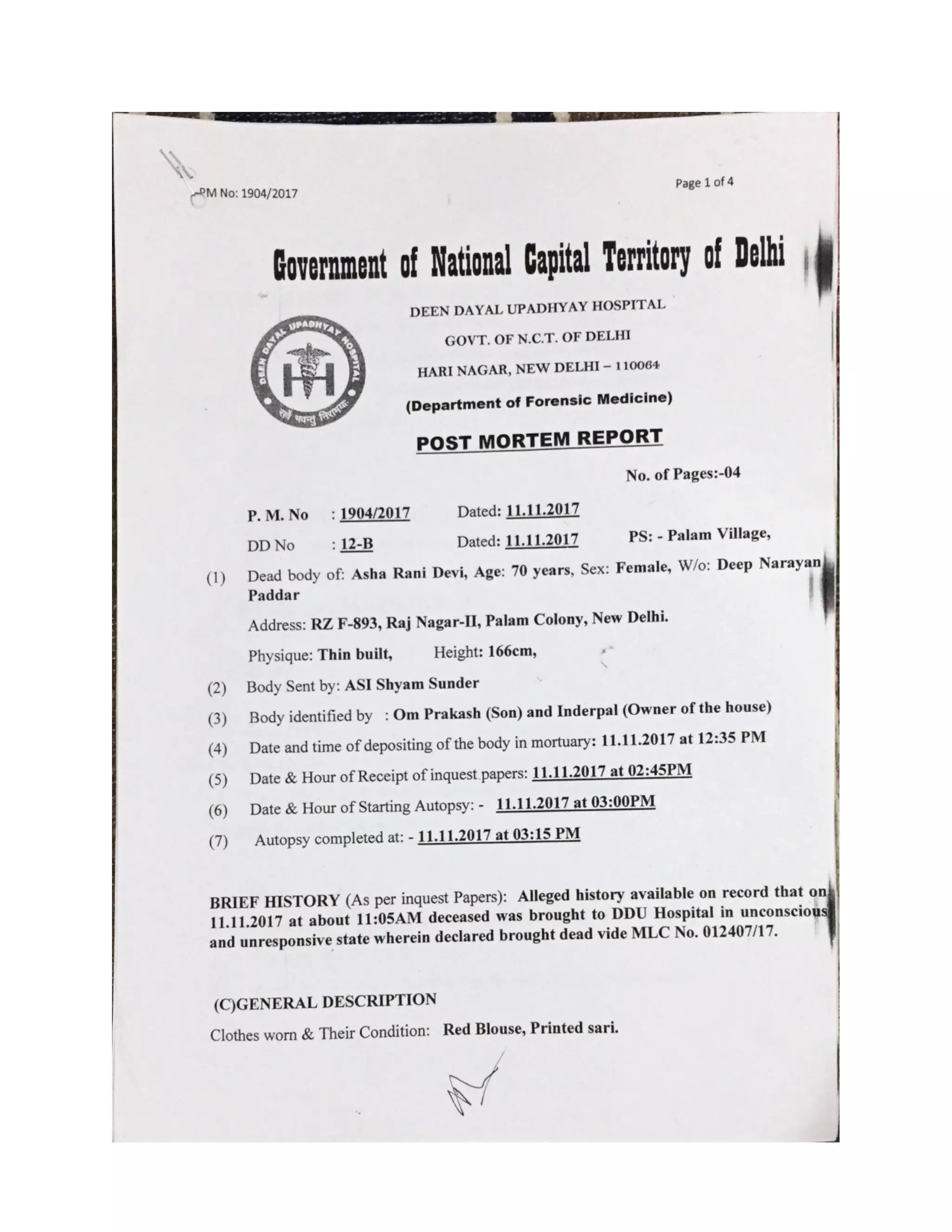 Postmortem report & Police Report of Asha Rani Devi | PDF