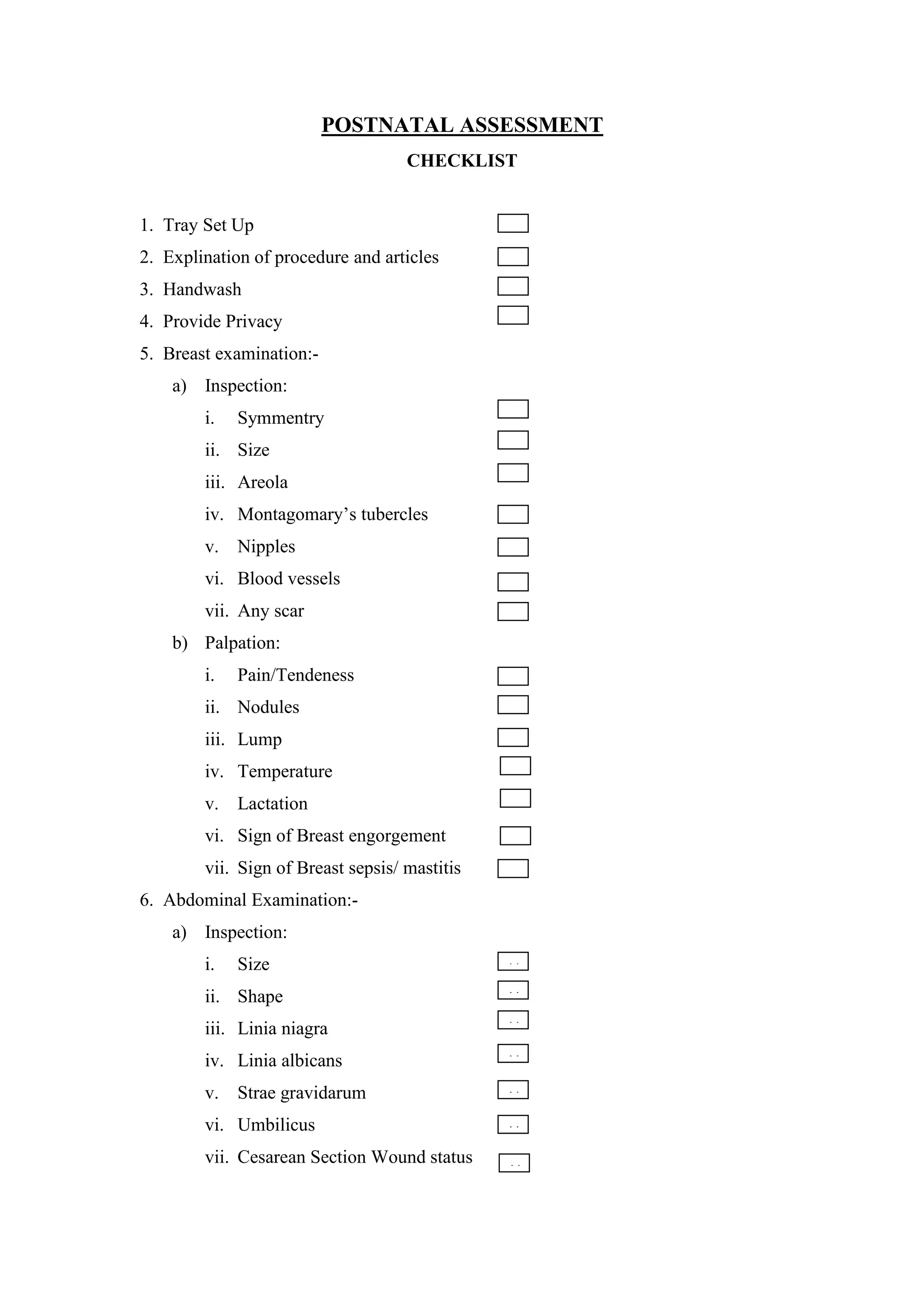 Postnatal Assessment- Evaluation Checklist | PDF