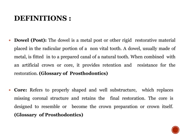 PostNdCore classification types n new trends | PPTX | Dental Health | Diseases and Conditions