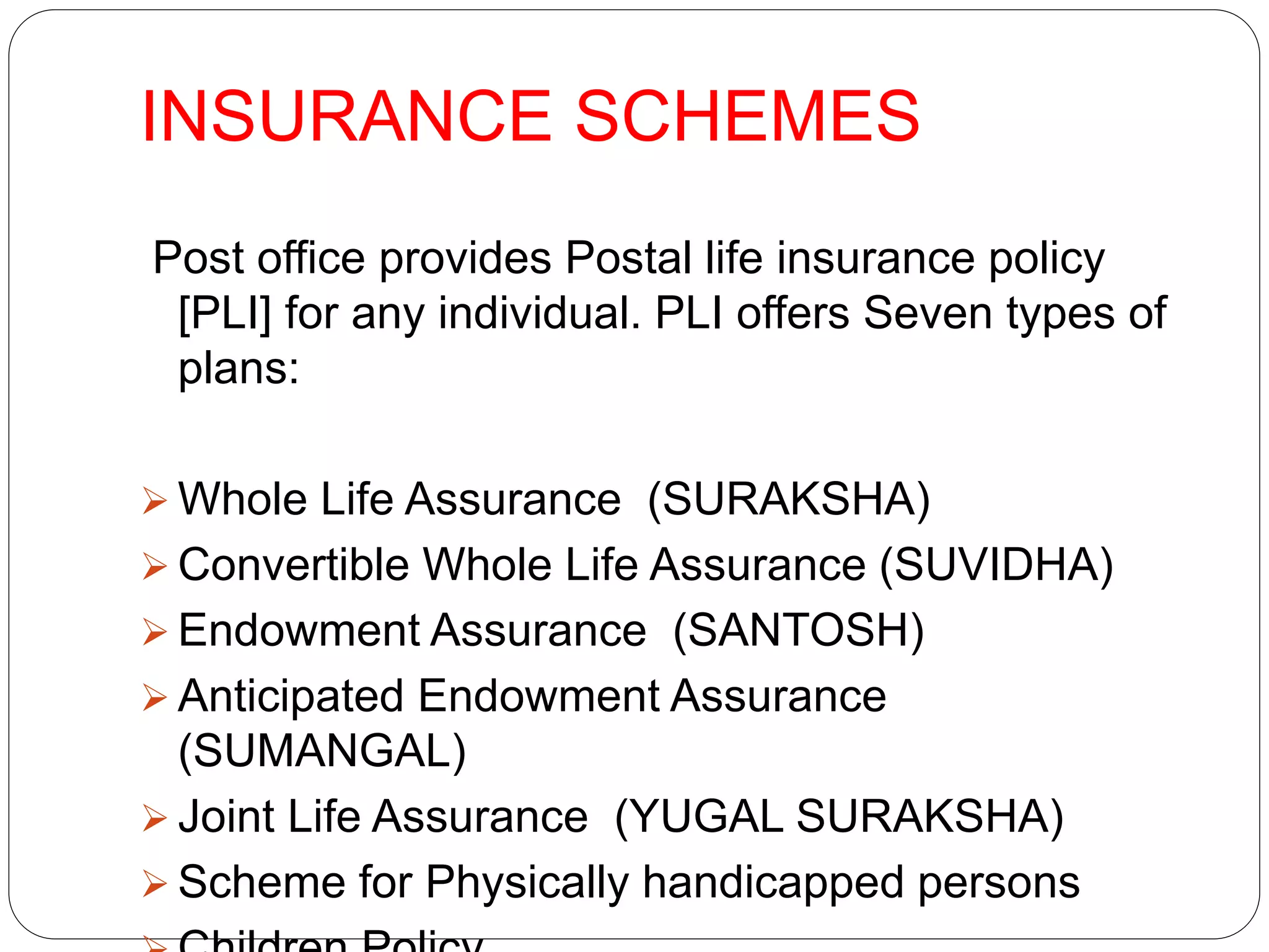 Post office(SB, FD, RD, Insurance schemes) | PPTX