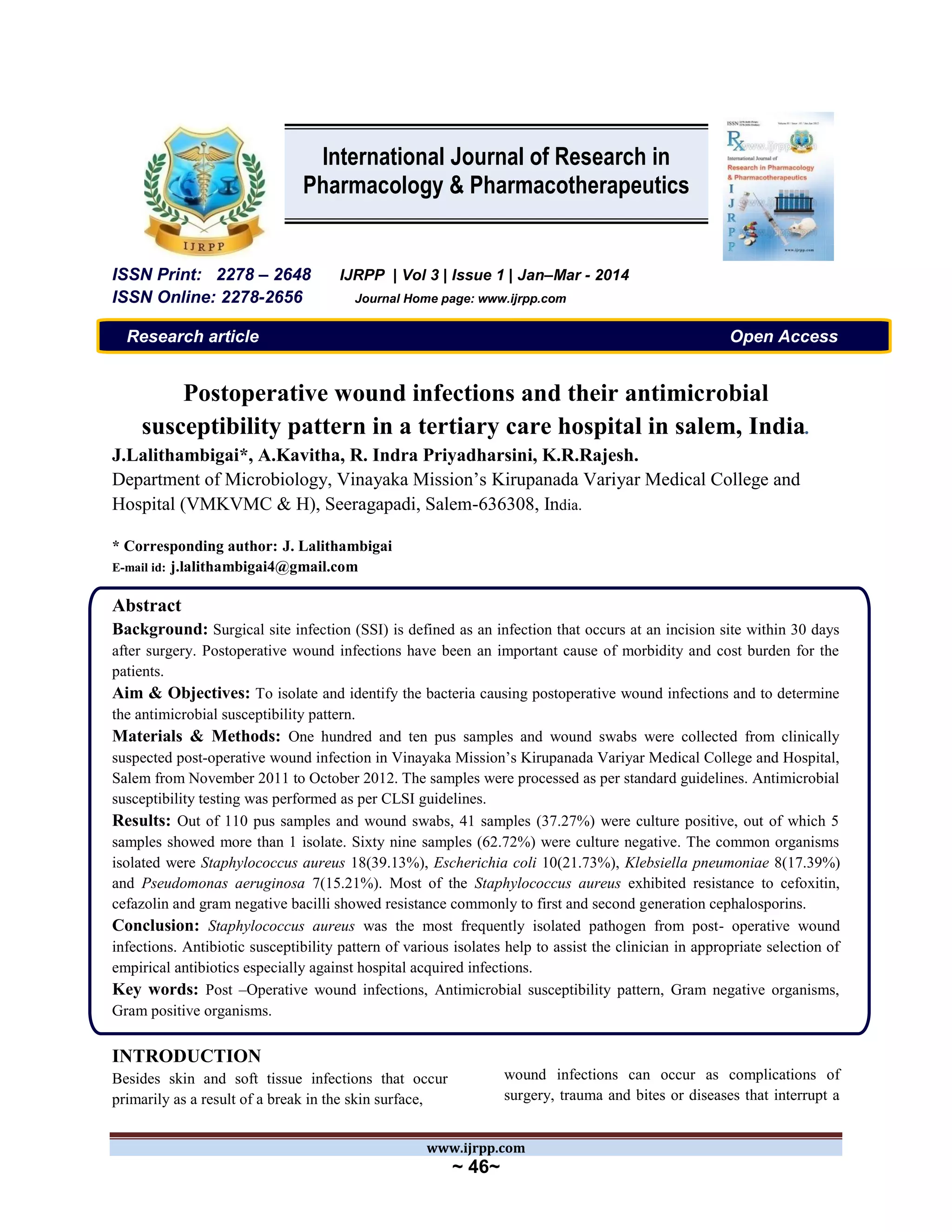 Postoperative wound infections and their antimicrobial susceptibility ...