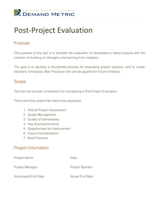Post Project Evaluation | DOC | Business | Business and Finance