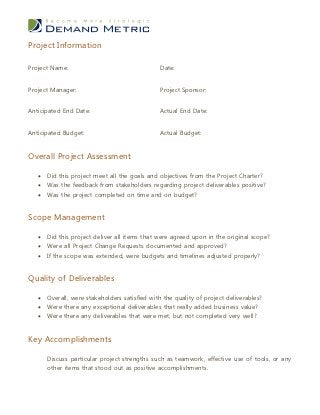 Post project evaluation template