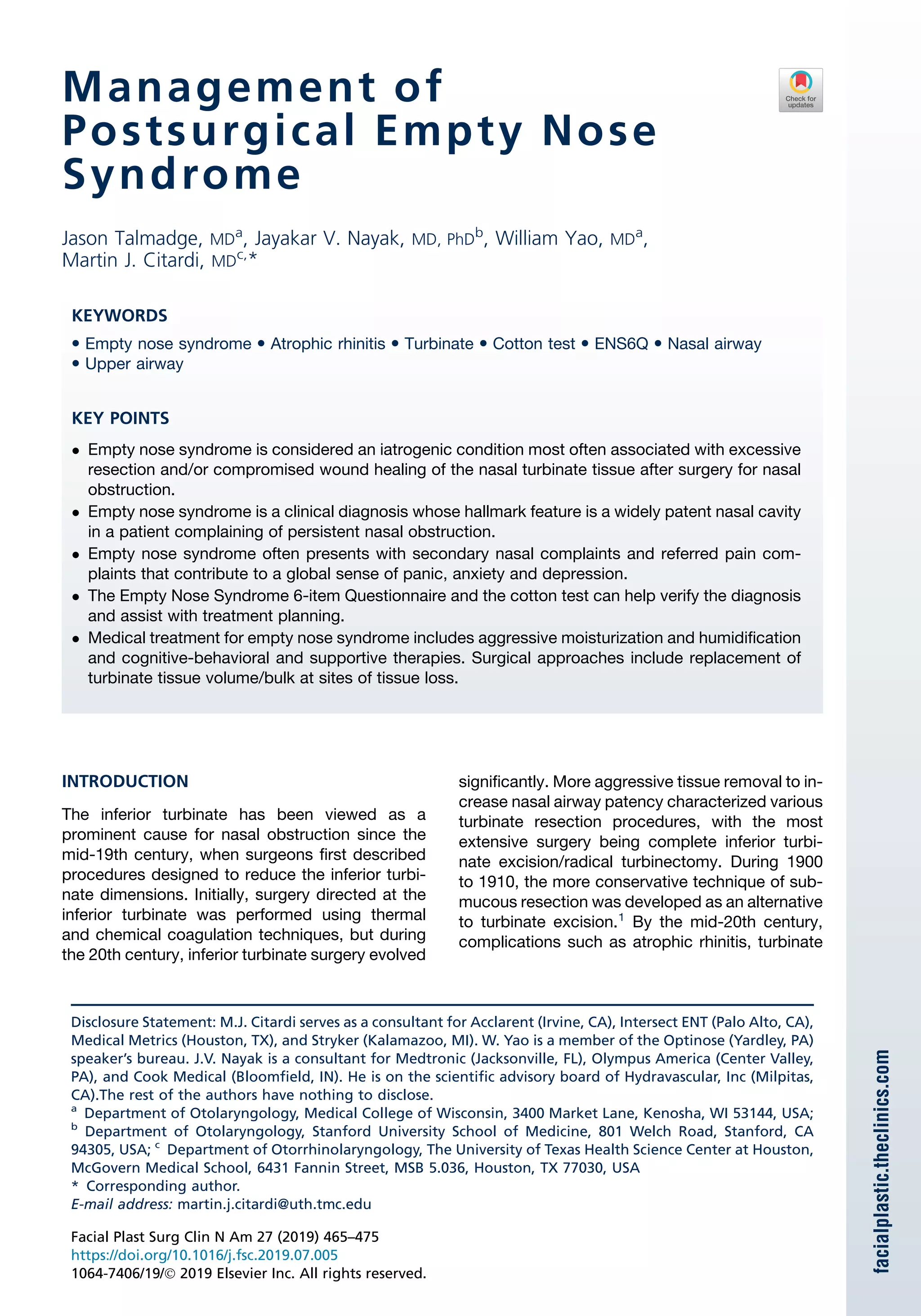 Postsurgical Management of Empty Nose Syndrome (ENS) Talmadge Nayak et ...