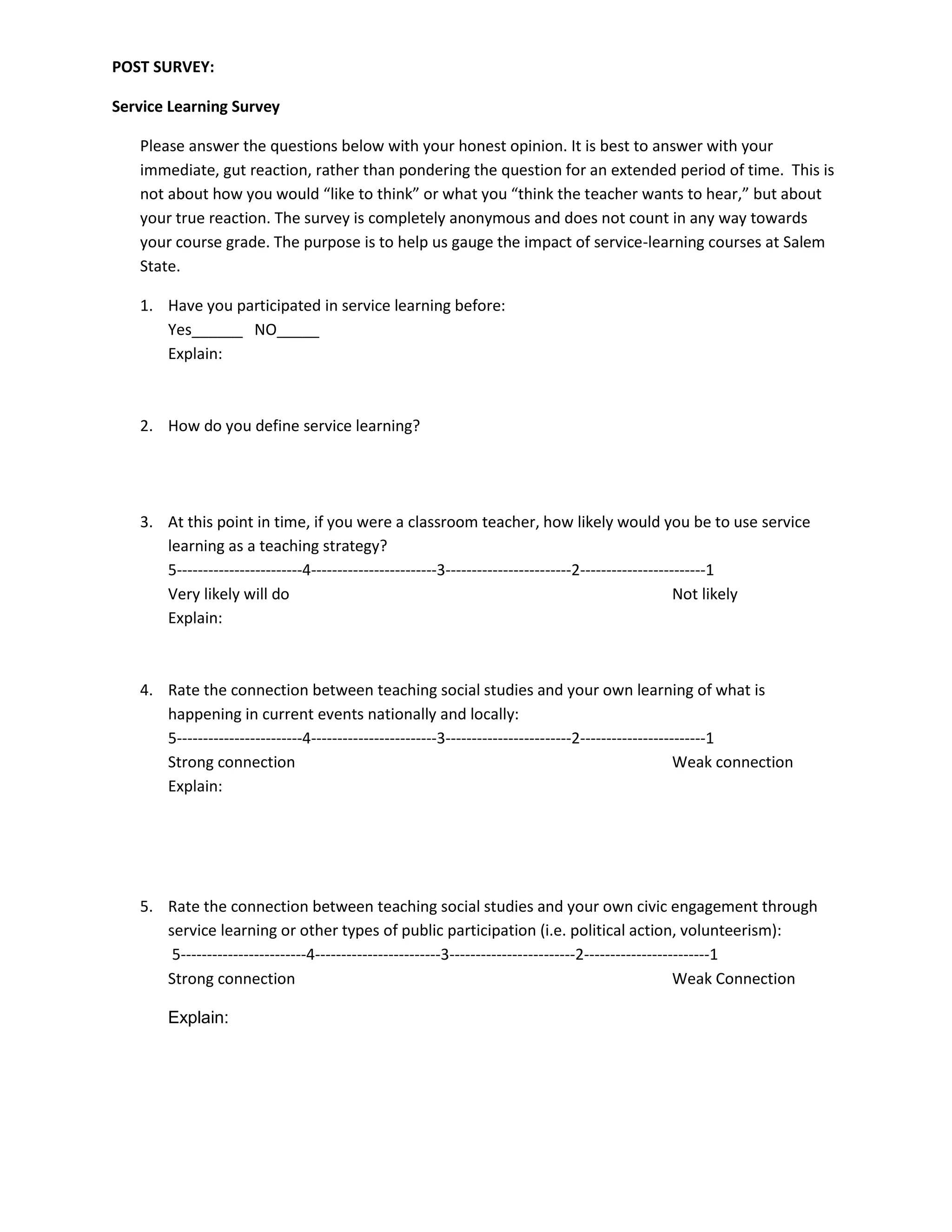 Post survey service learning | PDF