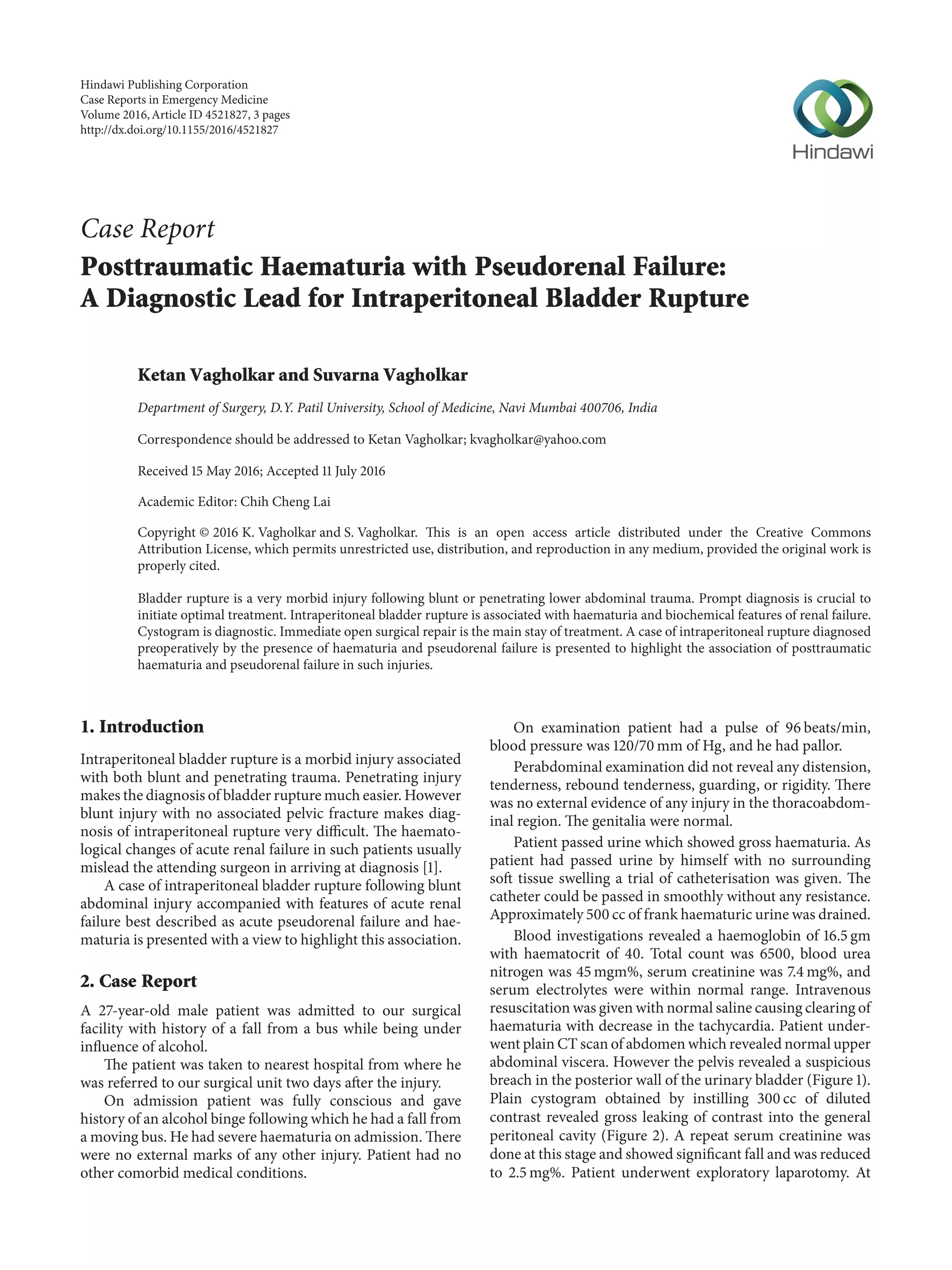 Posttraumatic hematuria with pseudorenal failure: A Diagnostic lead for ...