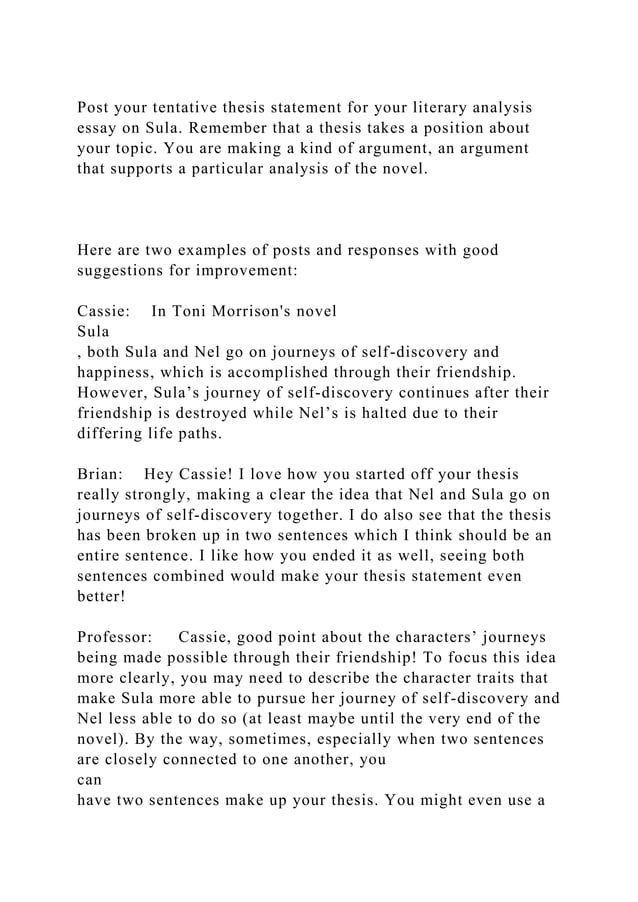 Post your tentative thesis statement for your literary analysis essa | PDF