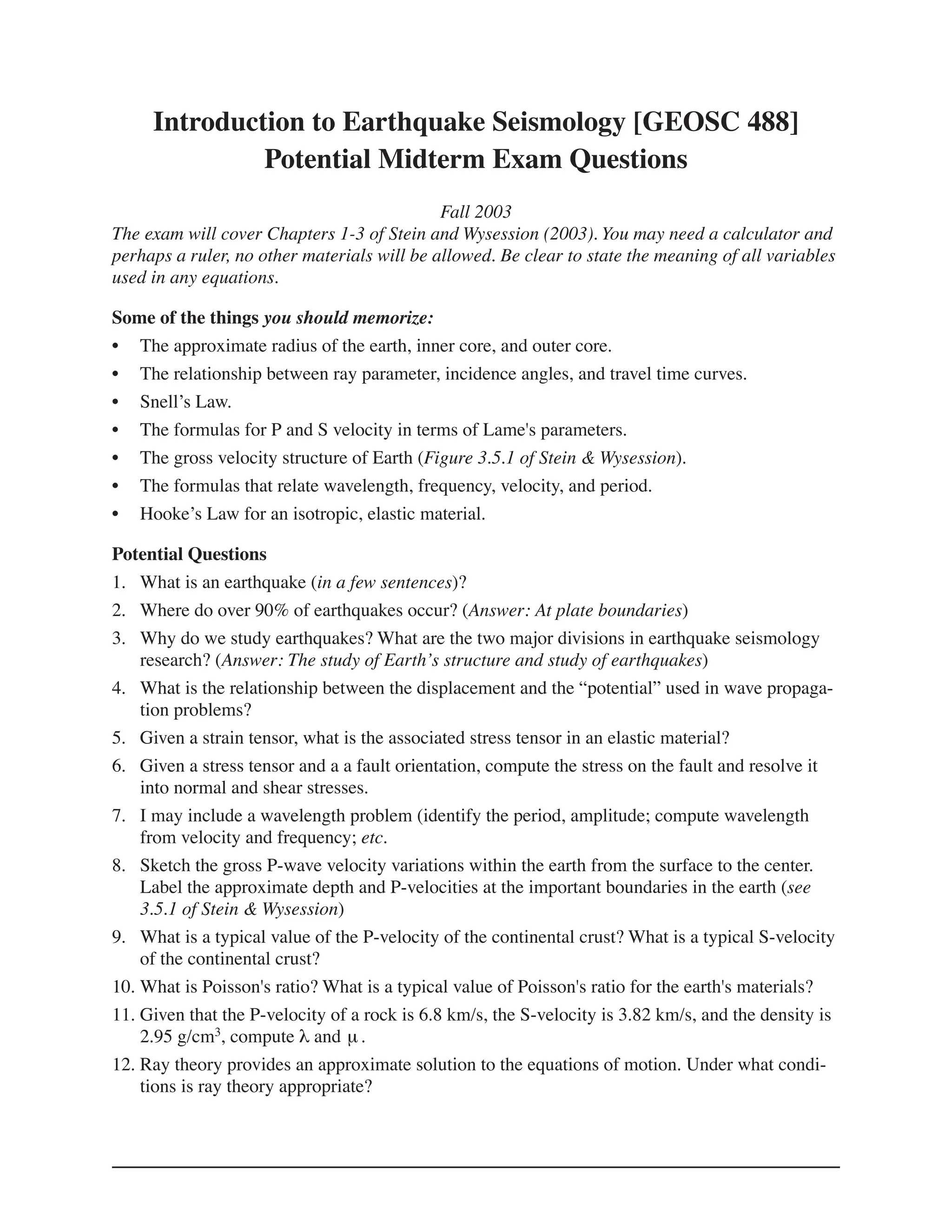 Introduction to Earthquake Seismology, PotentialExam01F2003.pdf