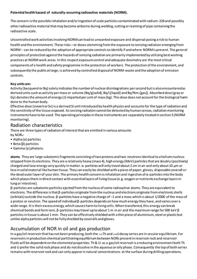 Potential health hazard associated with handling pipe used in oil and ...