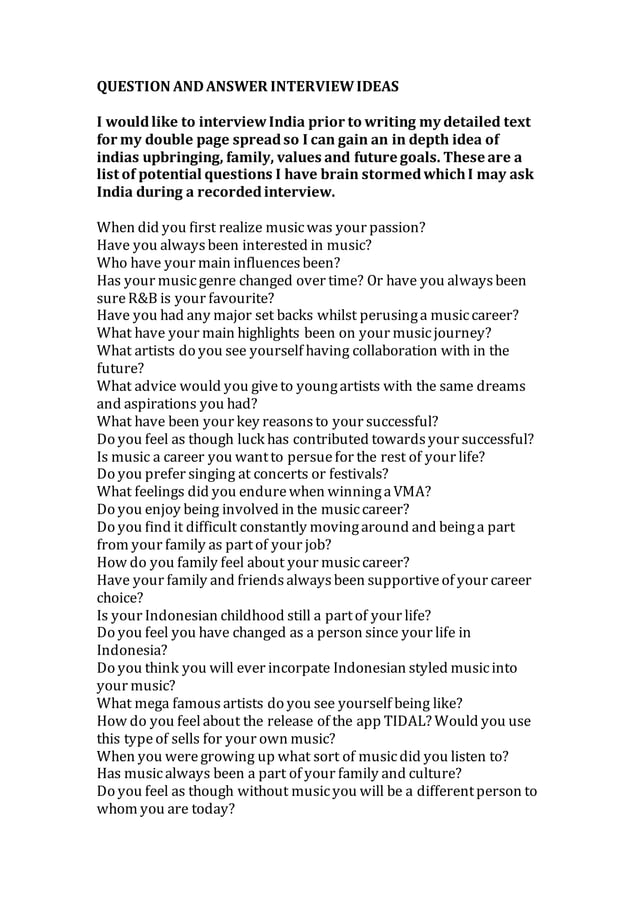 Potential questions for Indias interview | DOCX | Music | Entertainment