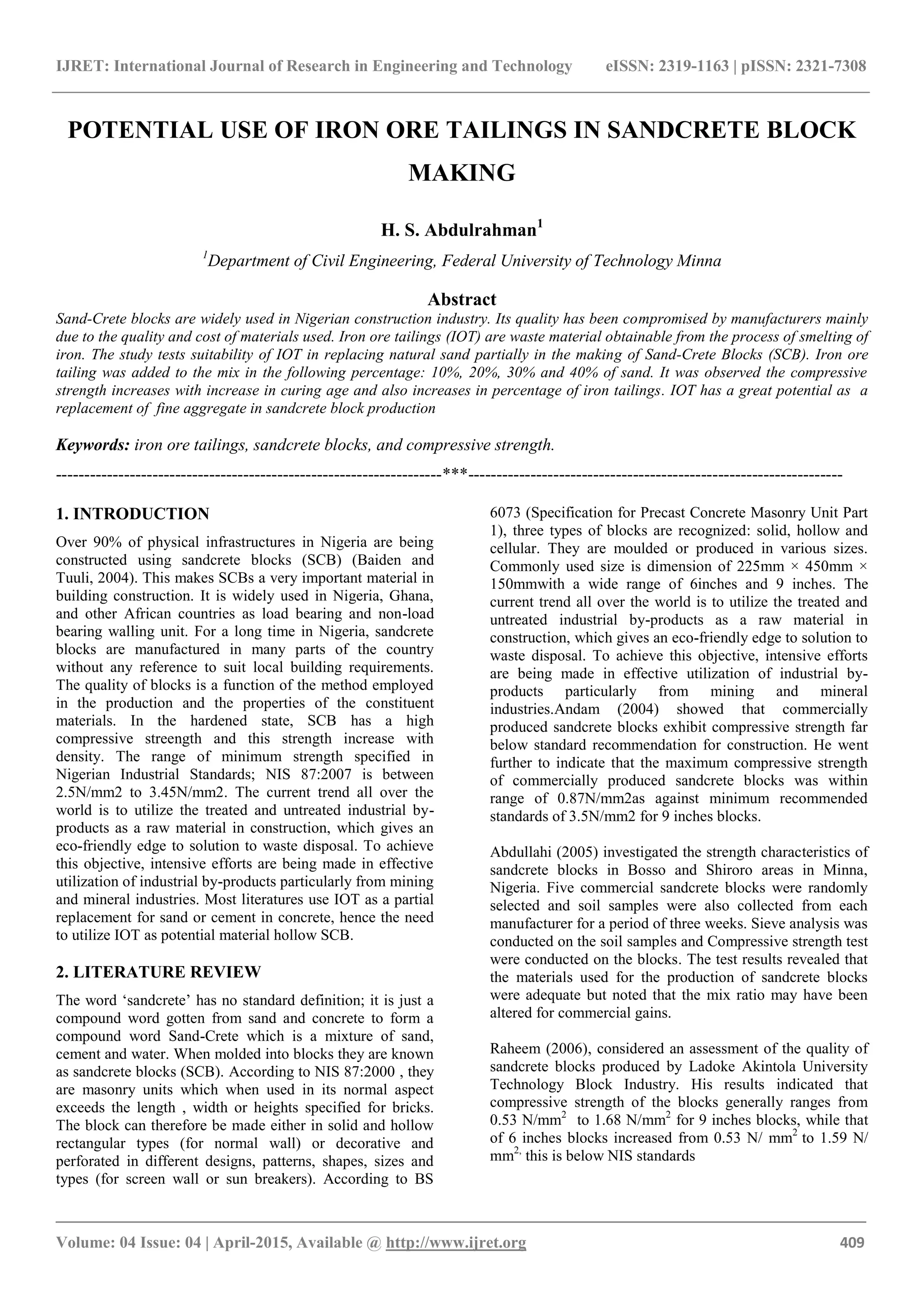 Potential use of iron ore tailings in sandcrete block making | PDF