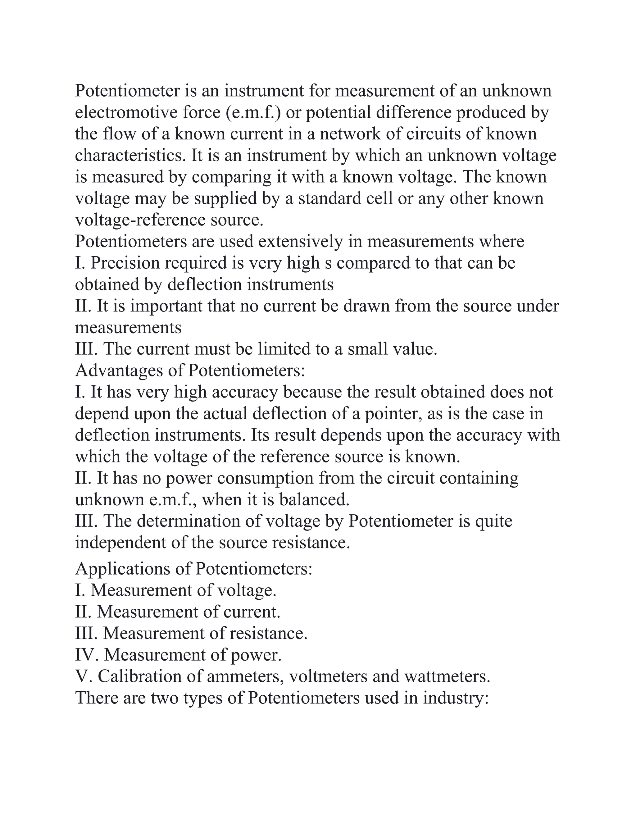Potentiometer is an instrument for measurement of an unknown ...