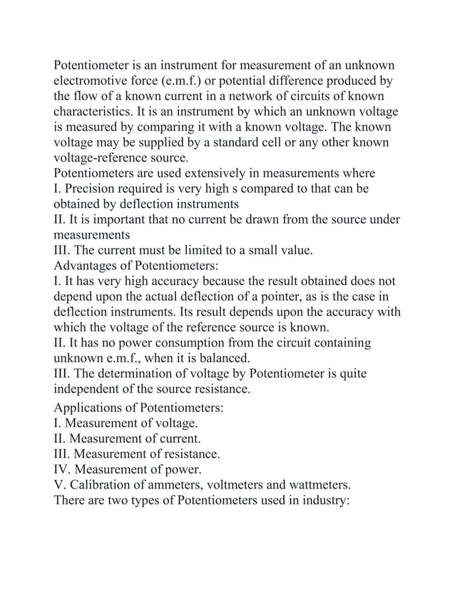 Potentiometer is an instrument for measurement of an unknown ...
