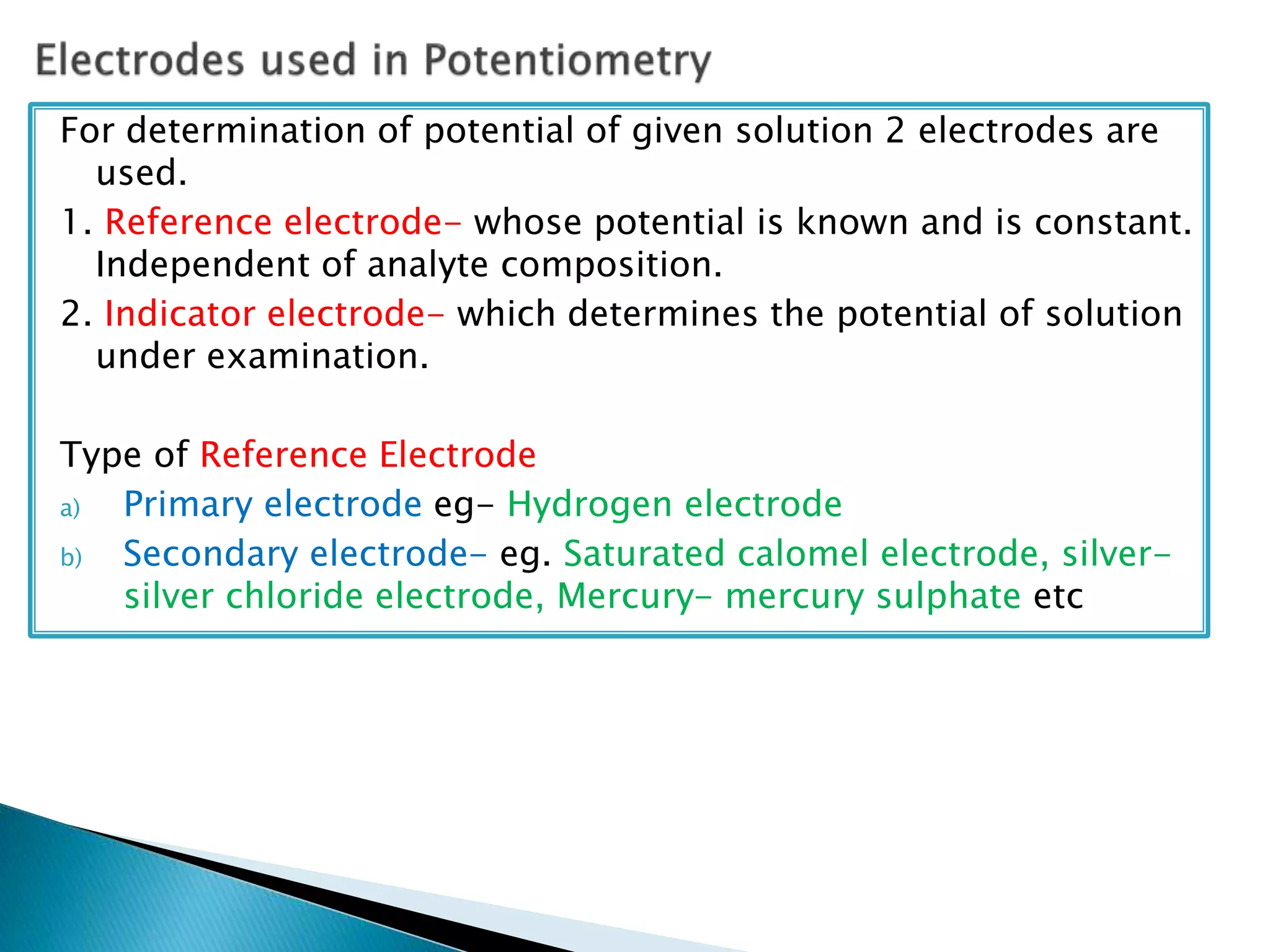 Potentiometry, Electrochemical cell, construction and working of indicator and reference ...